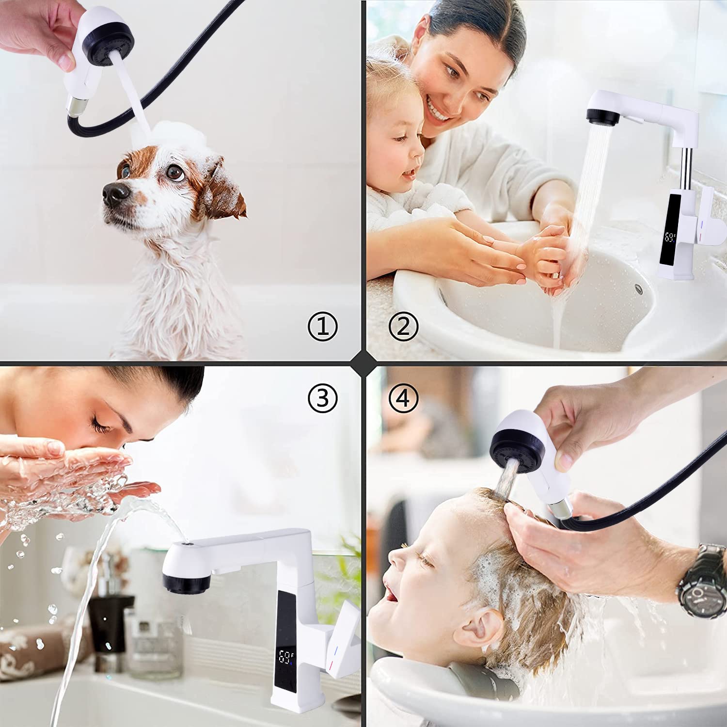 Qeemee LED Bathroom Faucet with Pull Out Sprayer, Matte Black Temperature Digital Display Sink Faucet 5 Water Flow Modes with 360° Swivel Spout Single Handle Lift Brass Faucet