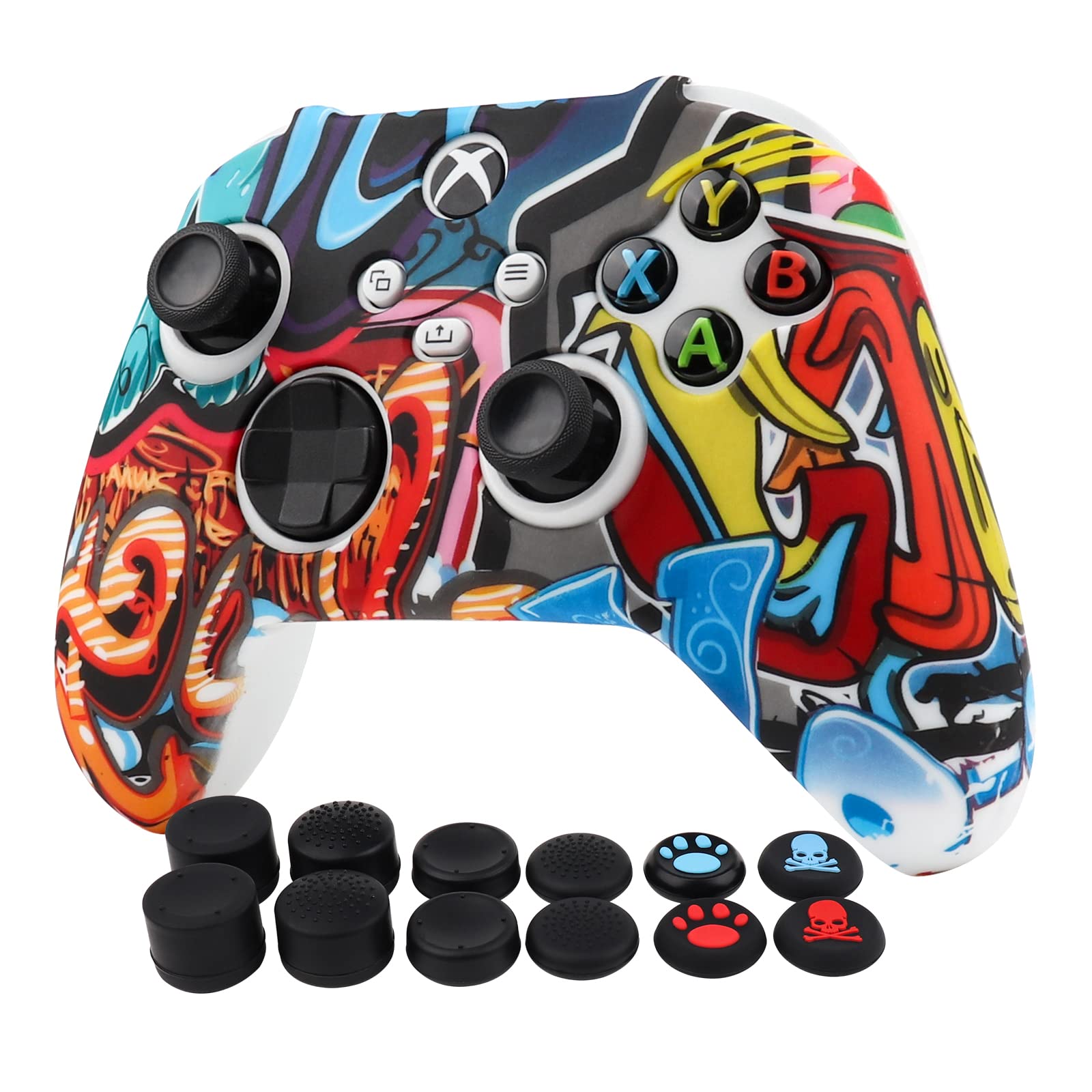 RALAN Controller Cover Skins for Xbox Series, Anti Slip Silicone Protector Compatible for Xbox Series S/X Controller (Black Pro Thumb Grip x 8,Cat + Skull Cap Cover Grip x 2)