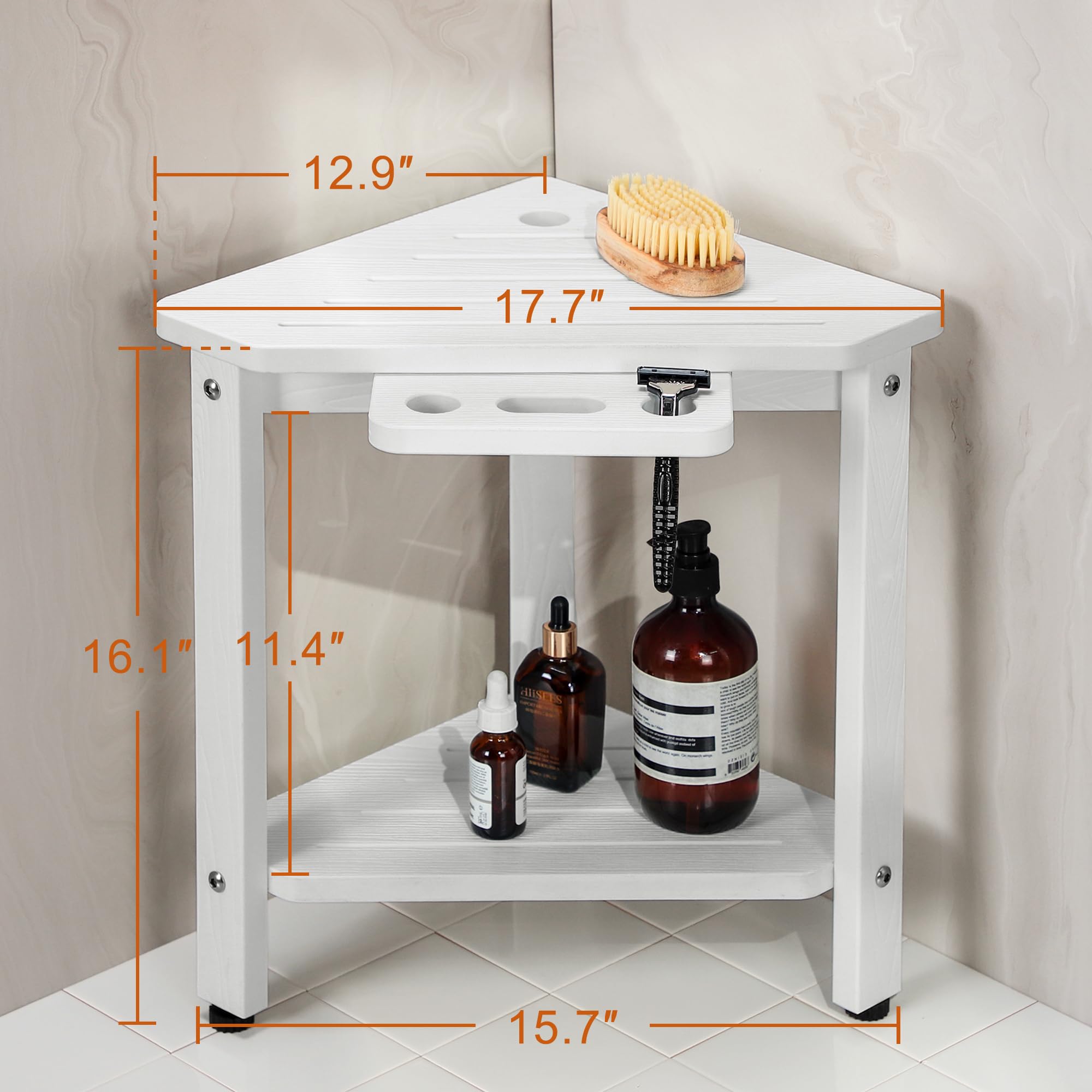 YIGII Corner Shower Stool - Waterproof Bathroom Shower Bench with Adjustable Feet, Non-Slip Corner Bench with Storage Shelf for Shaving Legs, Indoor/Outdoor Use, White