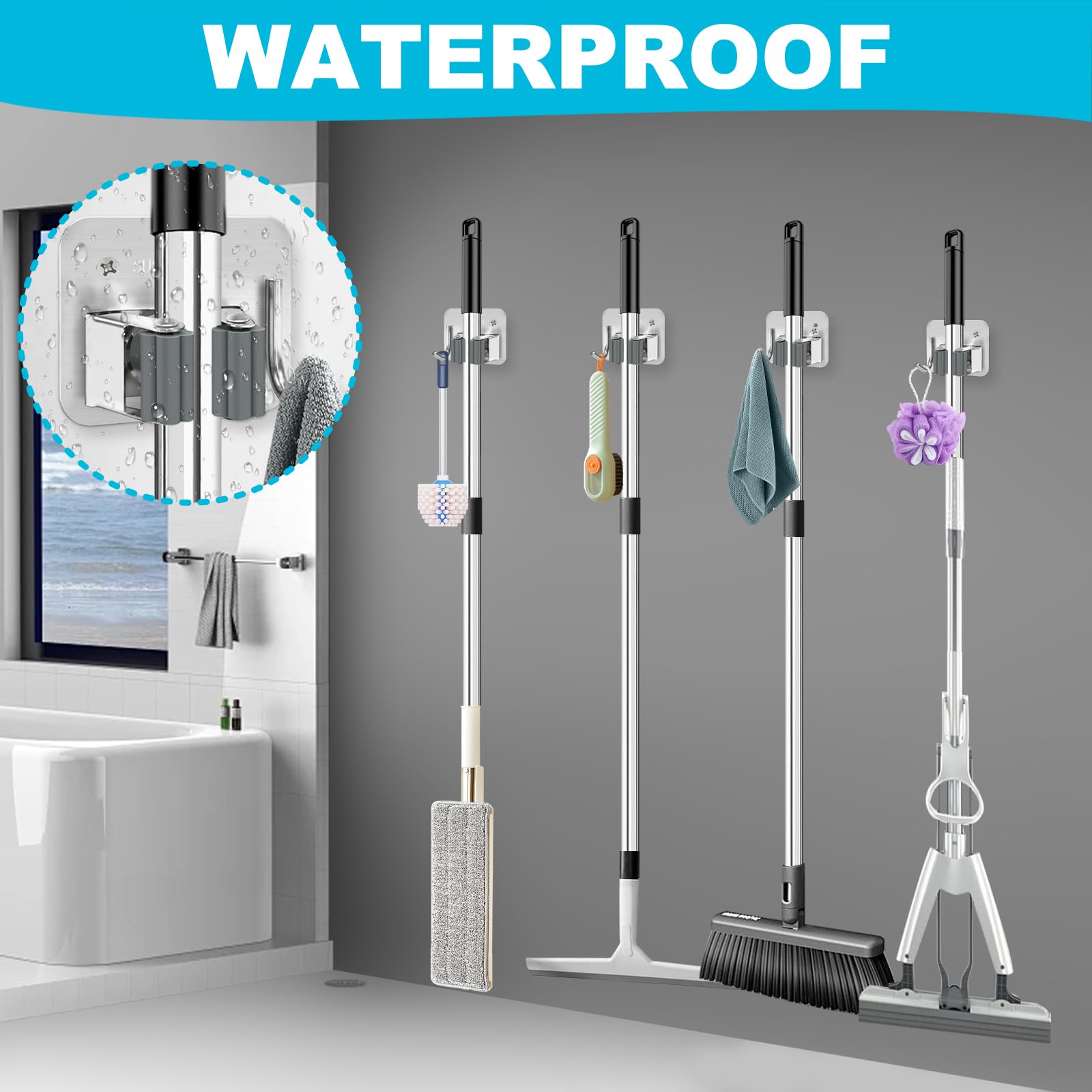 Wensdr 8 Pack Broom Holder Wall Mount, Stainless Steel Broom Holder with Hooks Screw, Heavy Duty & Rust Resistant, Mop and Broom Holder Wall Mount for Bathroom Kitchen Laundry Room Garage (Silver)