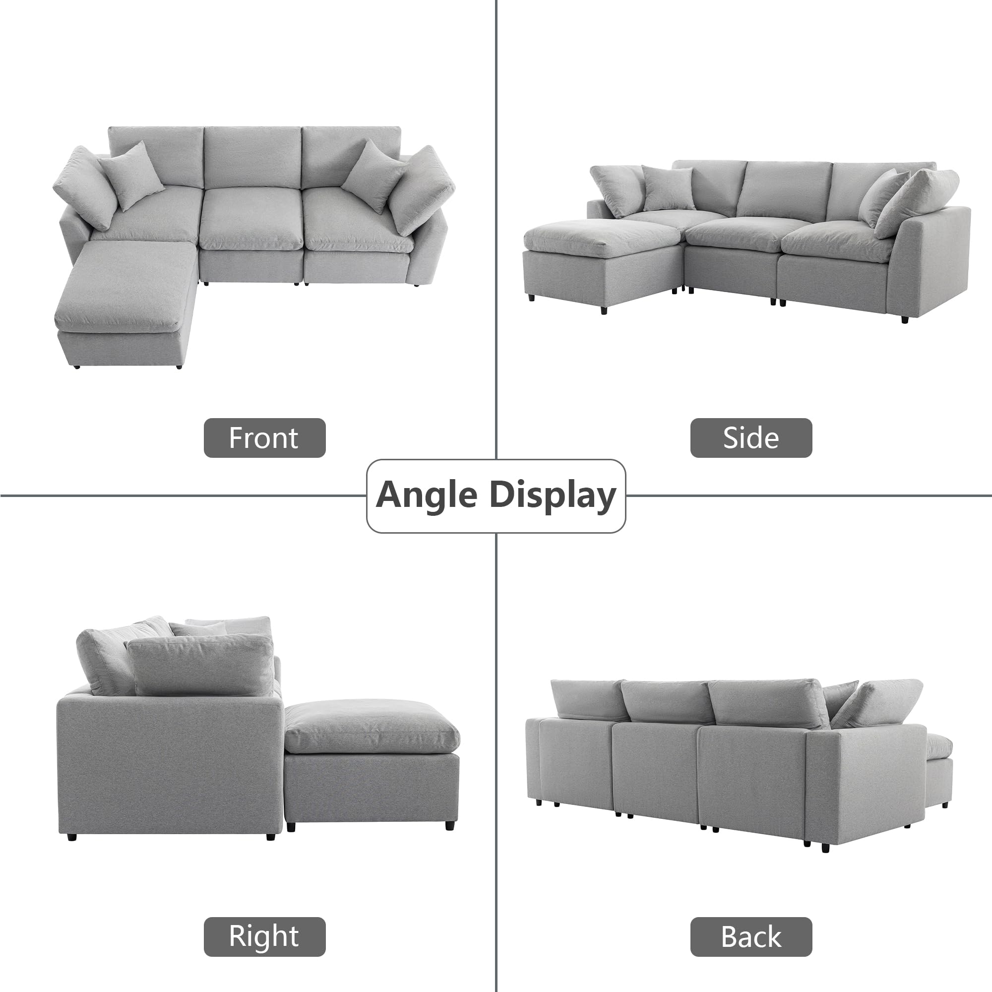 Tmsan 104" Modular Sectional Sofa Cloud Couch for Living Room, Modern Down Filled L Shaped Couch Set with 4 Pillows, Large 4 Seater Sofa with Reversible Ottoman for Apartment Office (Light Grey)
