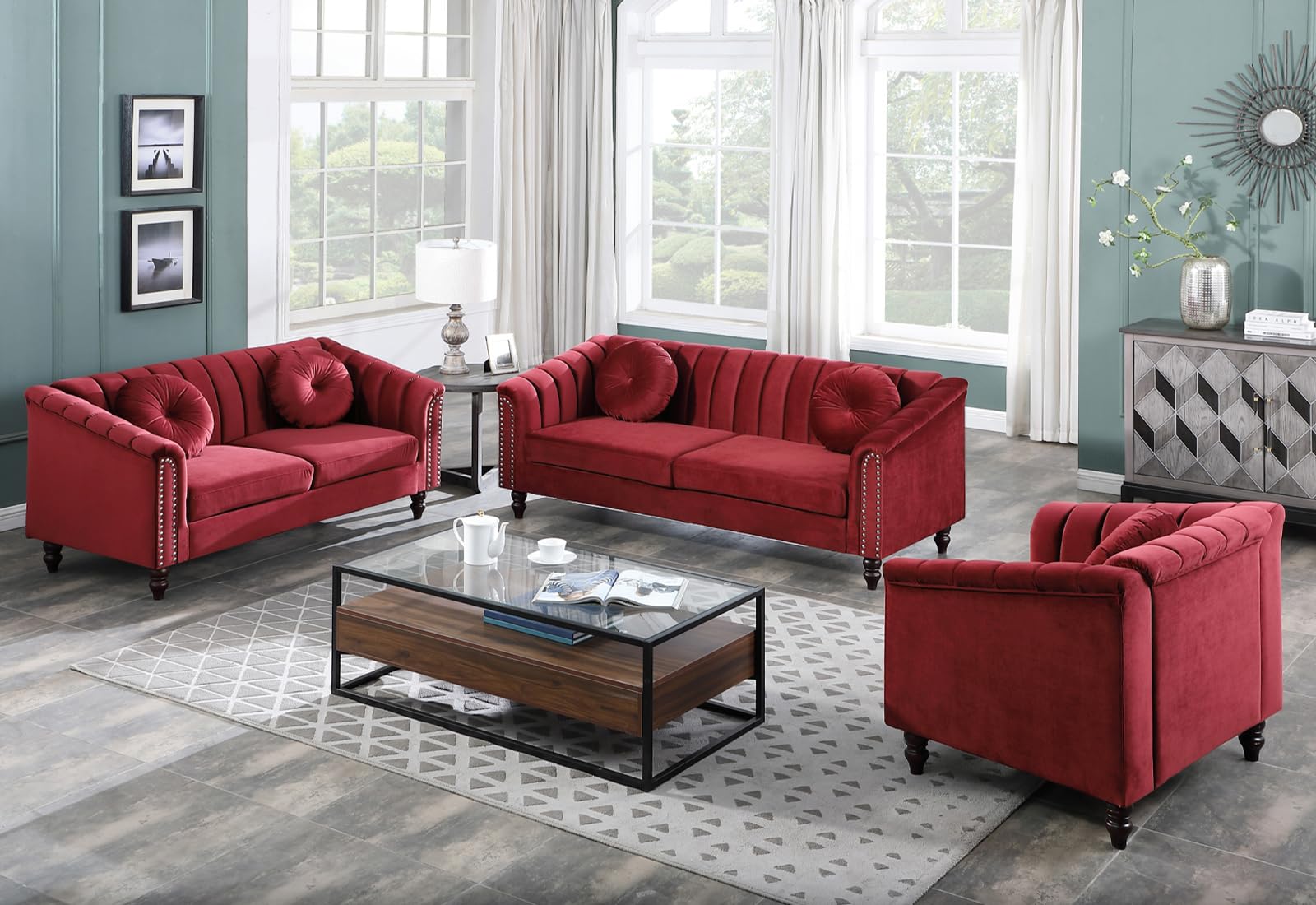 YIPDFERNOR Red Lint 3-Piece Living Room Sofa Set, Contemporary Sofa Couch Set, for Living Room Furniture Sets、Offices、Apartments(Chair)