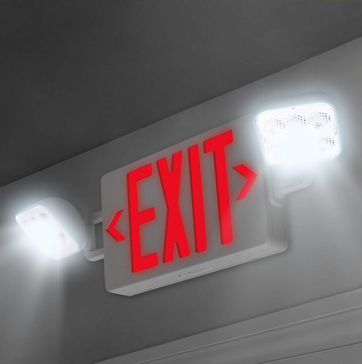 LFI Lights | UL Certified | Hard Wired | LED Exit Light Combo | 180° Adjustable Head Lamps | Black Housing | Red Lettering | 2 Pack | COMBOLGRBBBx2