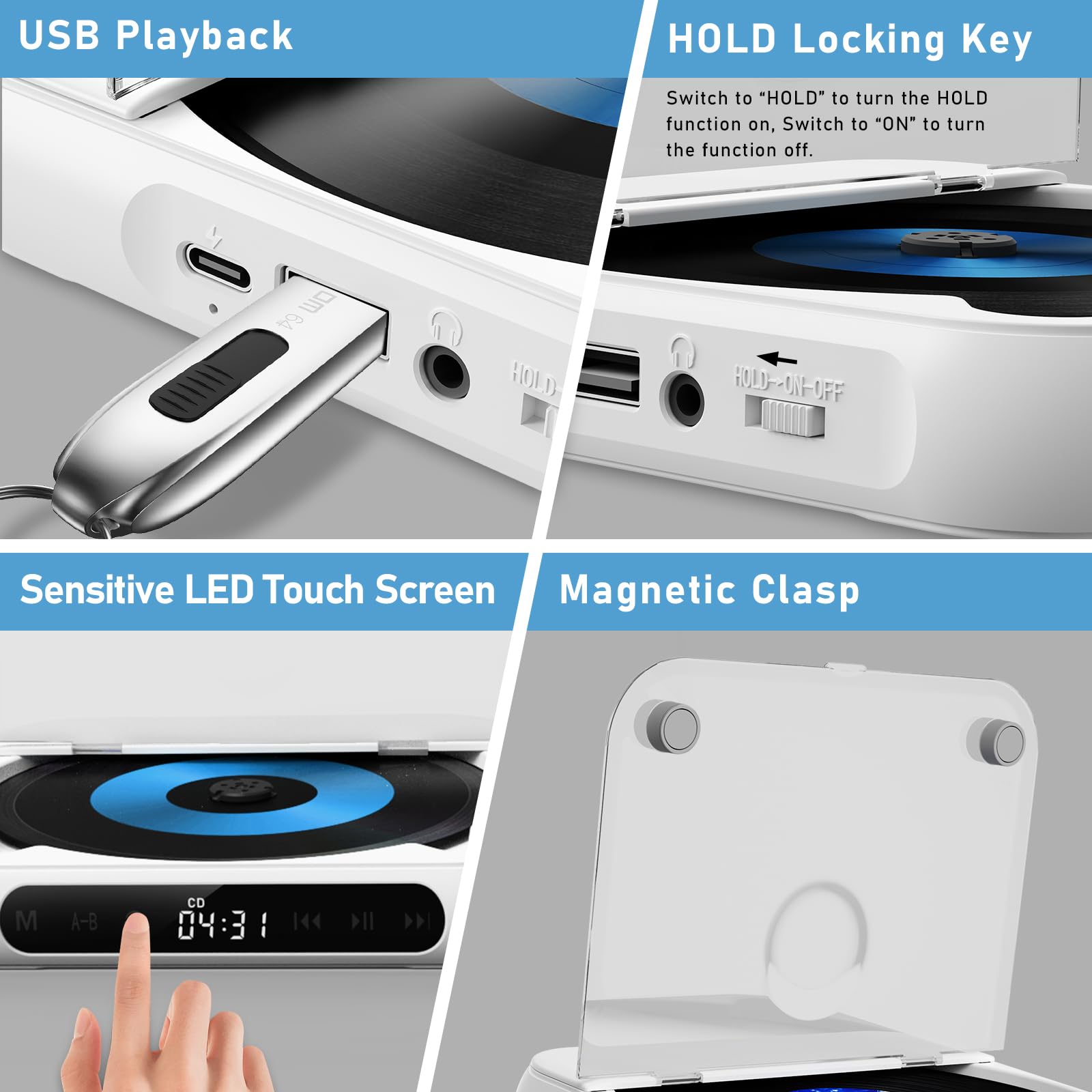 MICOCIOUS Portable CD Player, Personal CD Players with Bluetooth for Car & Travel, Rechargeable Small CD Player with Headphones, LCD Touch Screen & Anti-Skip/Shockproof