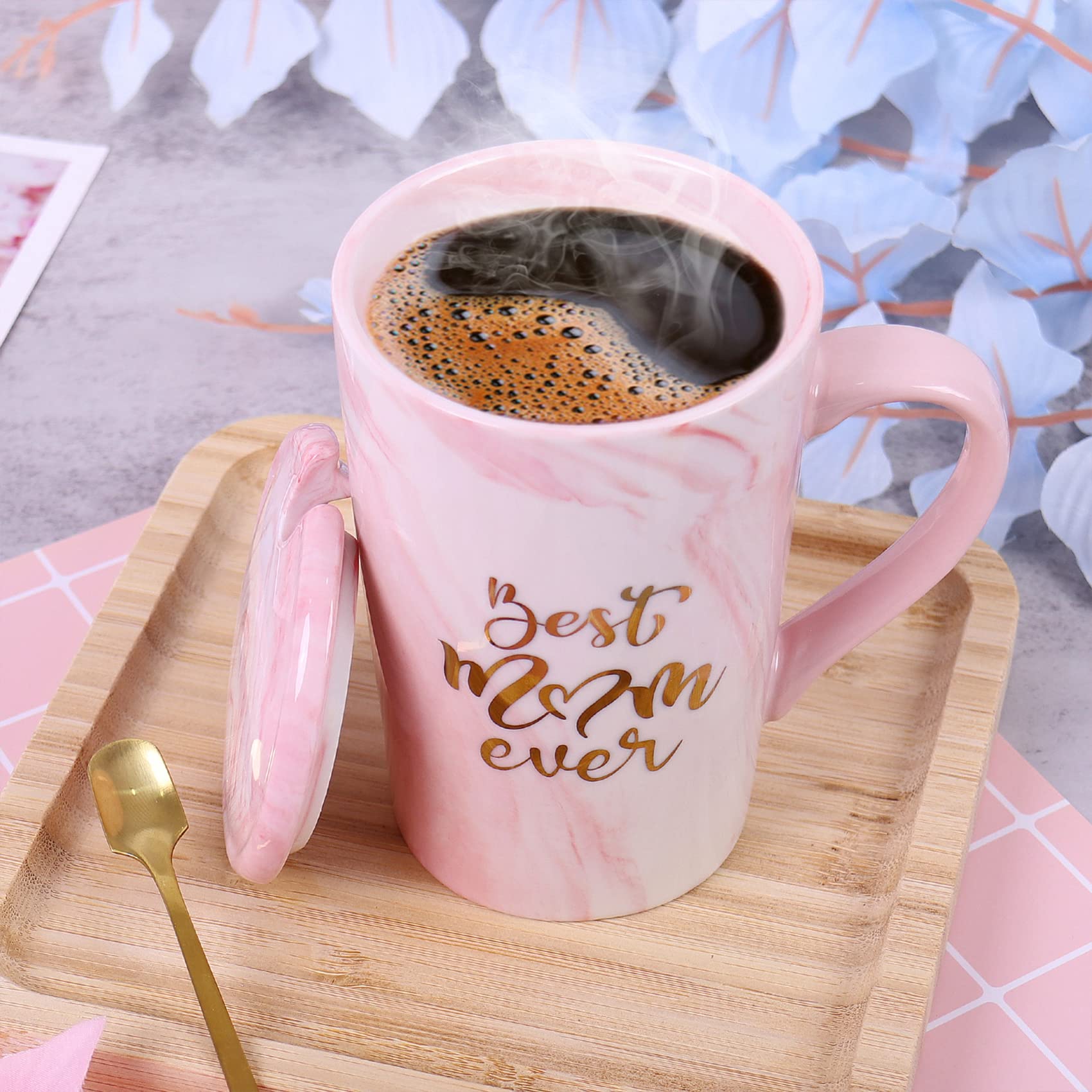 OurHonor Gifts for Mom, Best Mom Ever Coffee Mugs, Gift for Women 16 Oz Marble Pink Ceramic Novelty Tea Cup with Delicate Box for Mother's Day Chrismas