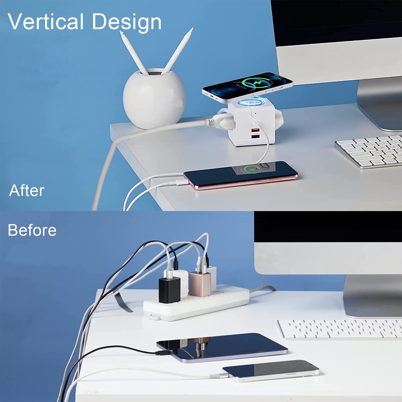 Power Strip with USB C Ports, KingTSYU Travel Surge Protector Tower Extension Cord with PD 20W/2USB A/2AC Outlets/Phone Wireless Charger,Fast Charging Power Delivery for Dorm Home Office