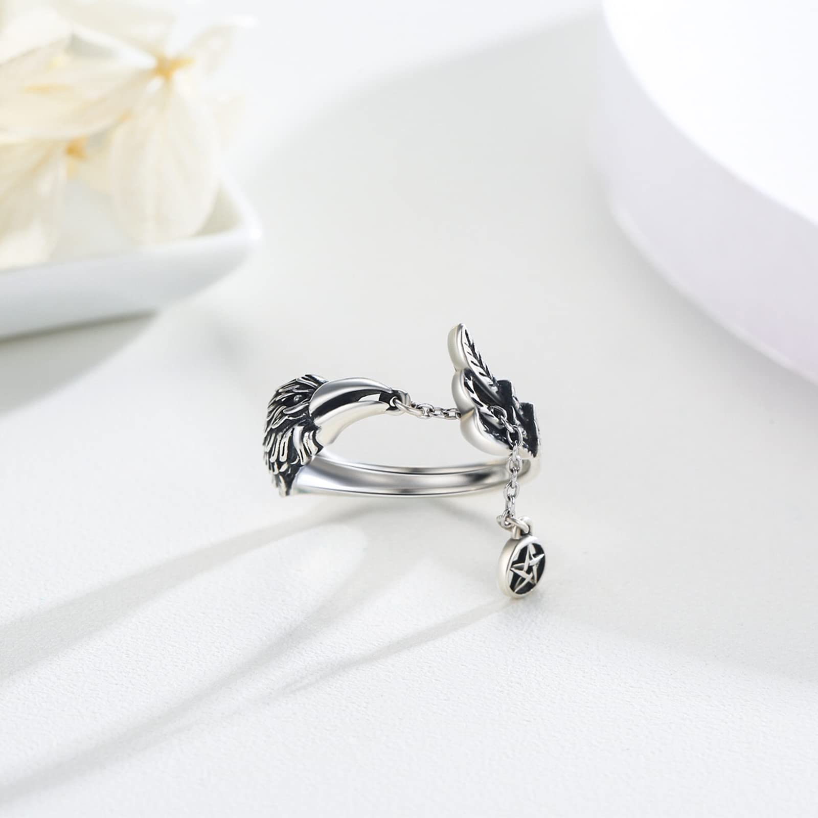 Raven Ring Sterling Silver Raven Pentagram Adjustable Viking Wiccan Amulet Ring Raven Ring Jewelry Gifts for Men Women