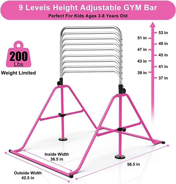 RAVS Gymnastics Bar for Kids with Swing Set, 8 Heights Adjustable Easy Folding Gymnastic Training Bar Kids Monkey Horizontal Bars - Max Load 300LBS (Small-Pink)