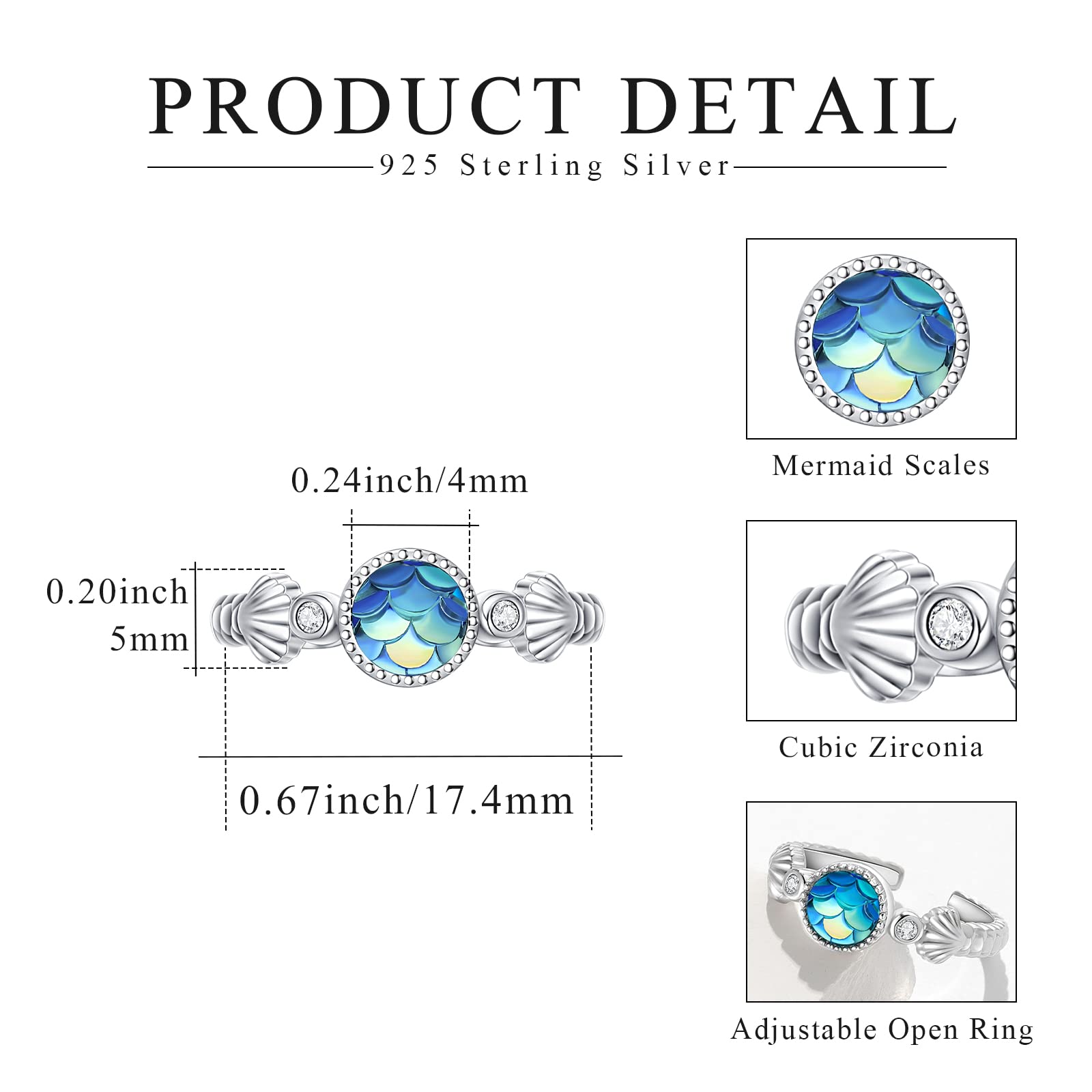 Sea Shell Ring Mermaid Scale Ring 925 Sterling Silver Adjustable Mermaid Rings Seashell Jewelry Gifts for Women