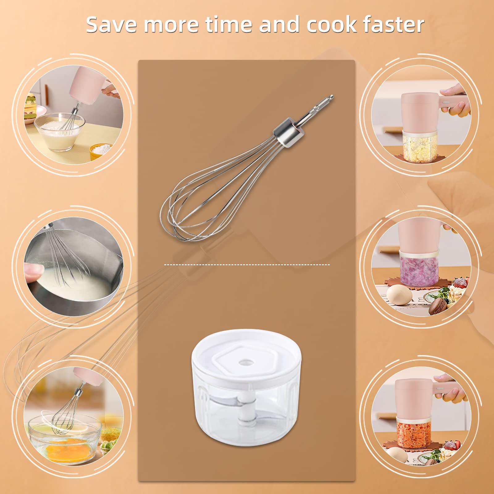 New 2 in 1 Mini Electric Whisk,with Garlic Chopper,USB Rechargeable Detachable Handheld Egg Beater, Good Helper in the Kitchen Making Cakes (Pink)
