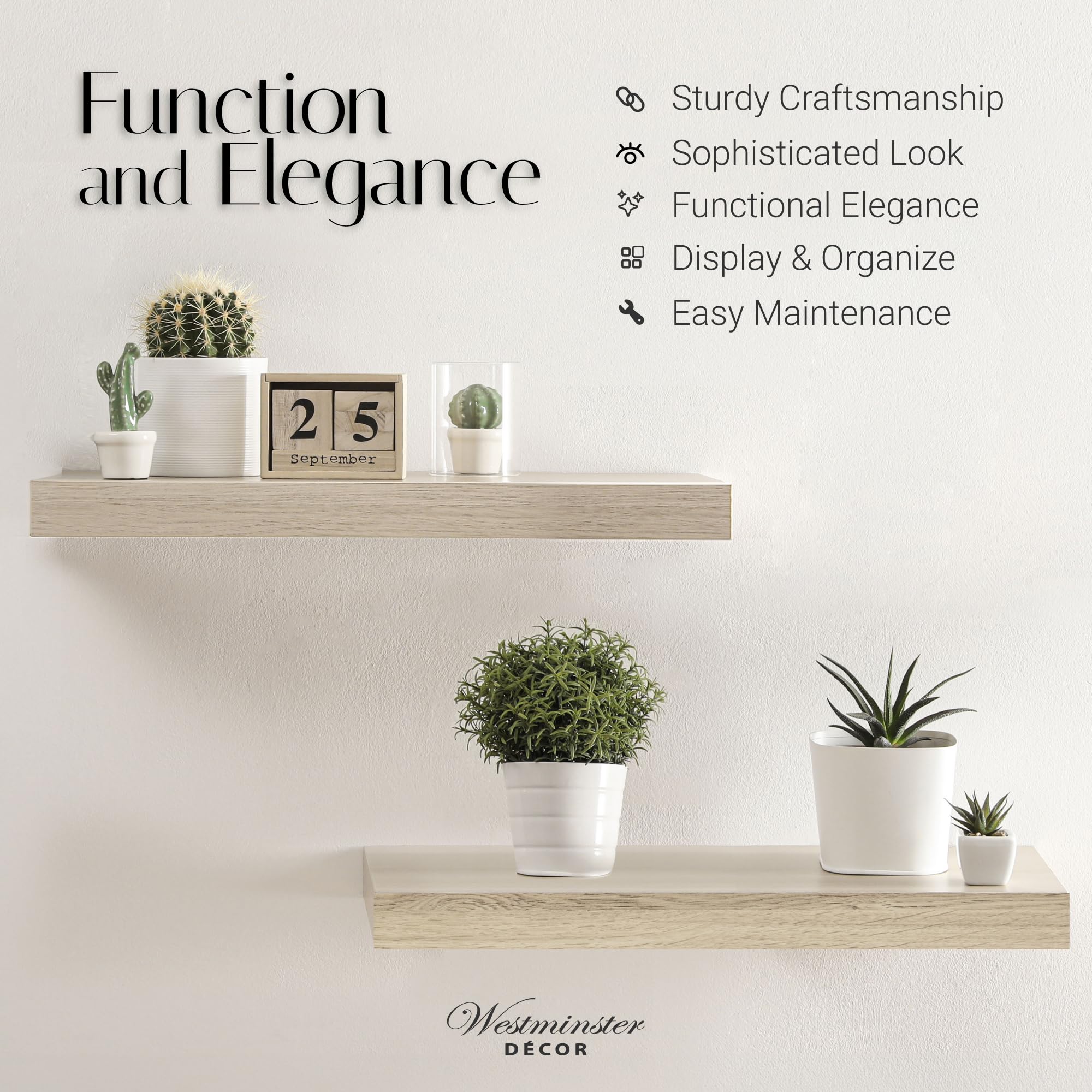Westminster Décor Wall Mounted Floating Shelves - 2 Pack - Wall-Mounted Shelf Set - Home or Office - Easy Install 16.5” Wooden Shelving - Display or Storage