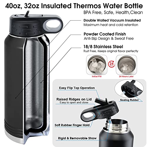 Personalized Water Bottle 40oz/32oz with Flip-top Lid and Straw, Customized Vacuum Insulated Water Flask, Stainless Steel Sports Double Wall Thermos, Name Engraved by iProductsUS (Black)