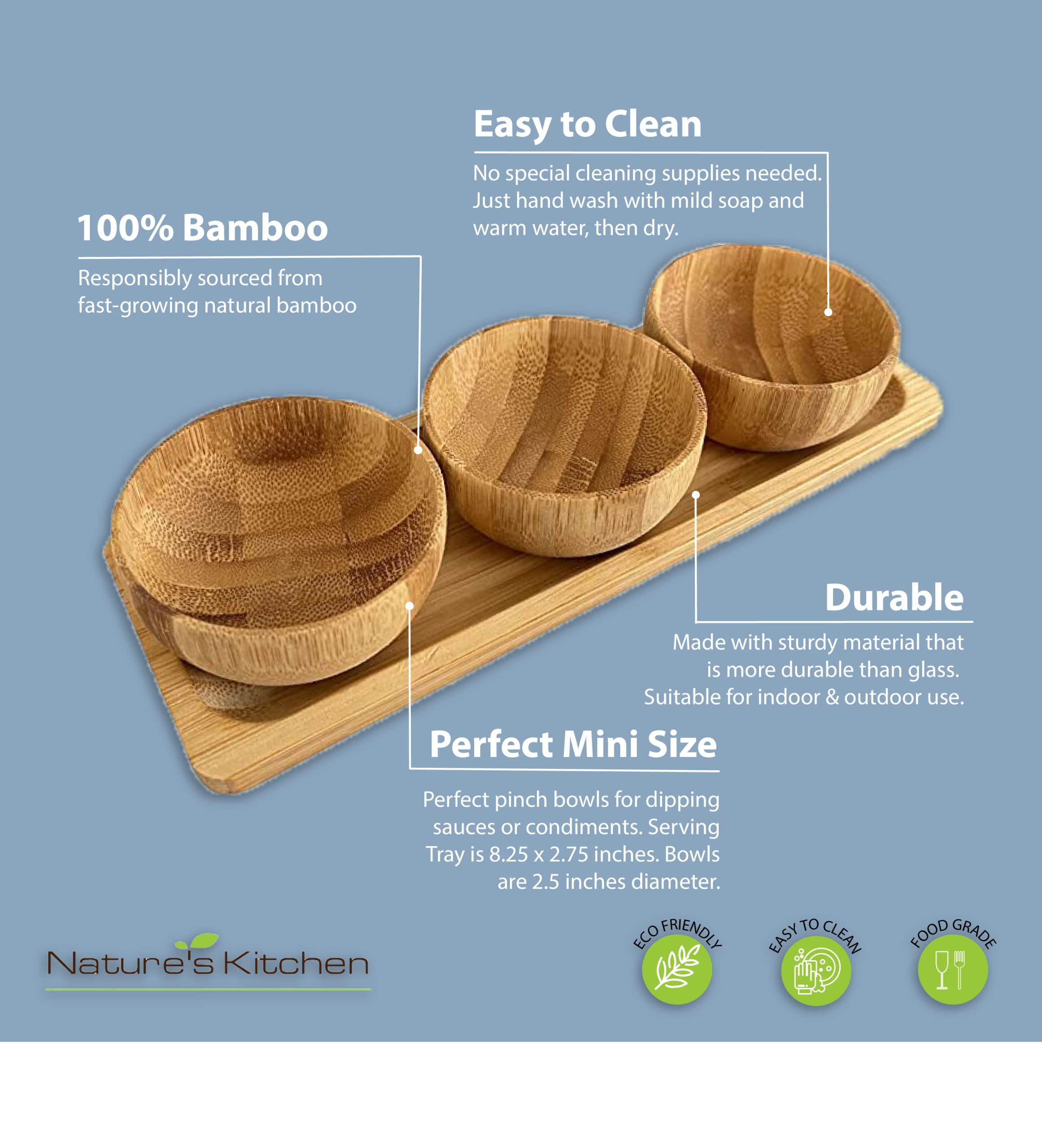 Nature's Kitchen Small Bamboo Pinch Bowls Dip Bowls Condiment Cups - Mini Wood Bowls for Salt Cellar, Spices, Dipping Sauce, Soy Sauce Dish, Nuts, Candy, Appetizers