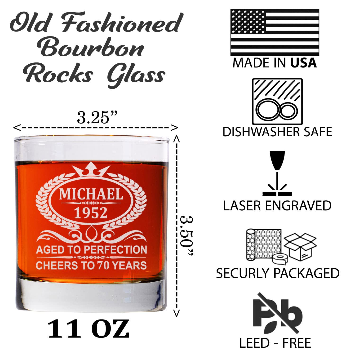 Personalized Whiskey Glass For Men and Women, Aged To Perfection 11oz Old Fashioned Custom Whiskey Glass Birthday Gift For Him and Her, Customized Engraved Etched Monogram Rocks Cocktail Glass