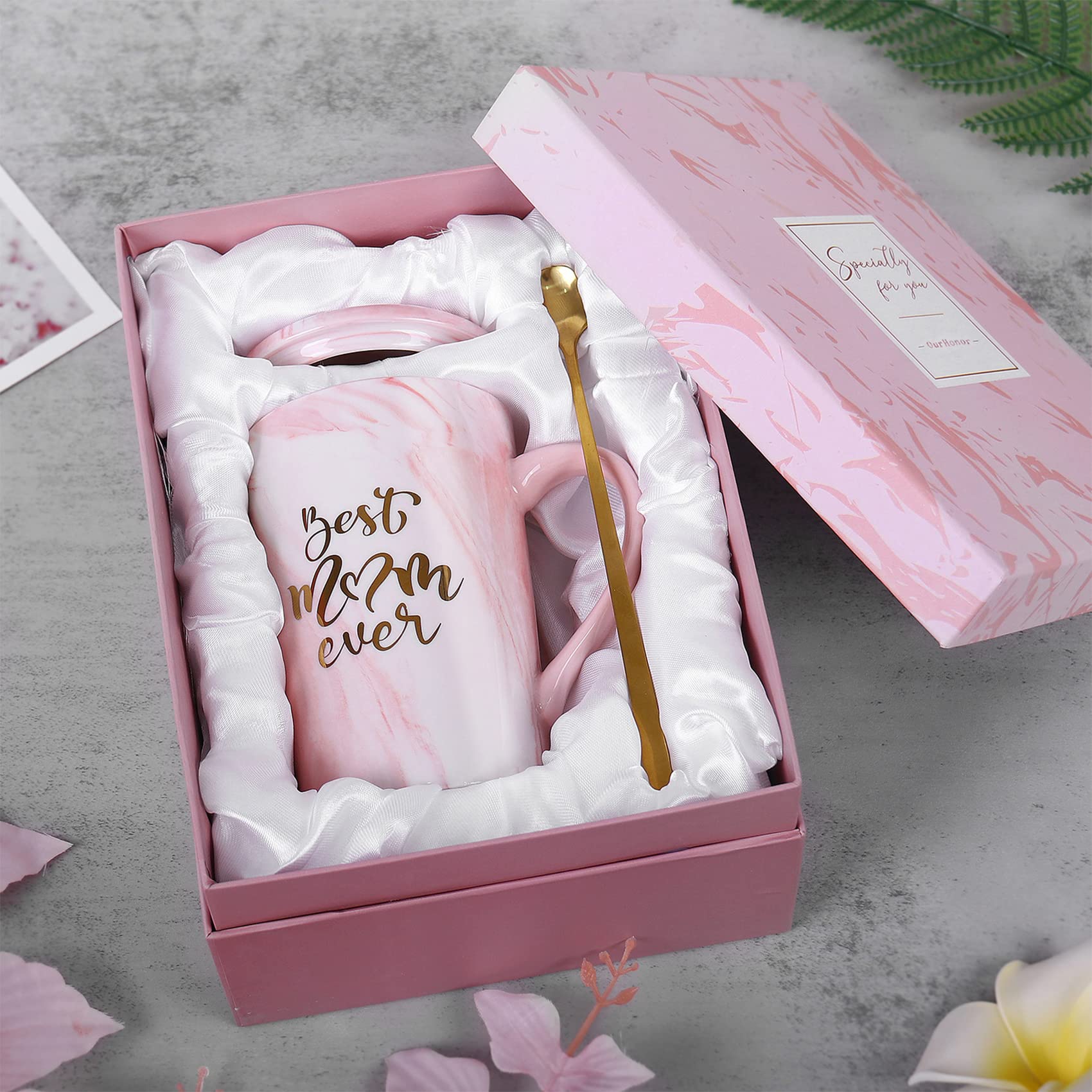 OurHonor Gifts for Mom, Best Mom Ever Coffee Mugs, Gift for Women 16 Oz Marble Pink Ceramic Novelty Tea Cup with Delicate Box for Mother's Day Chrismas
