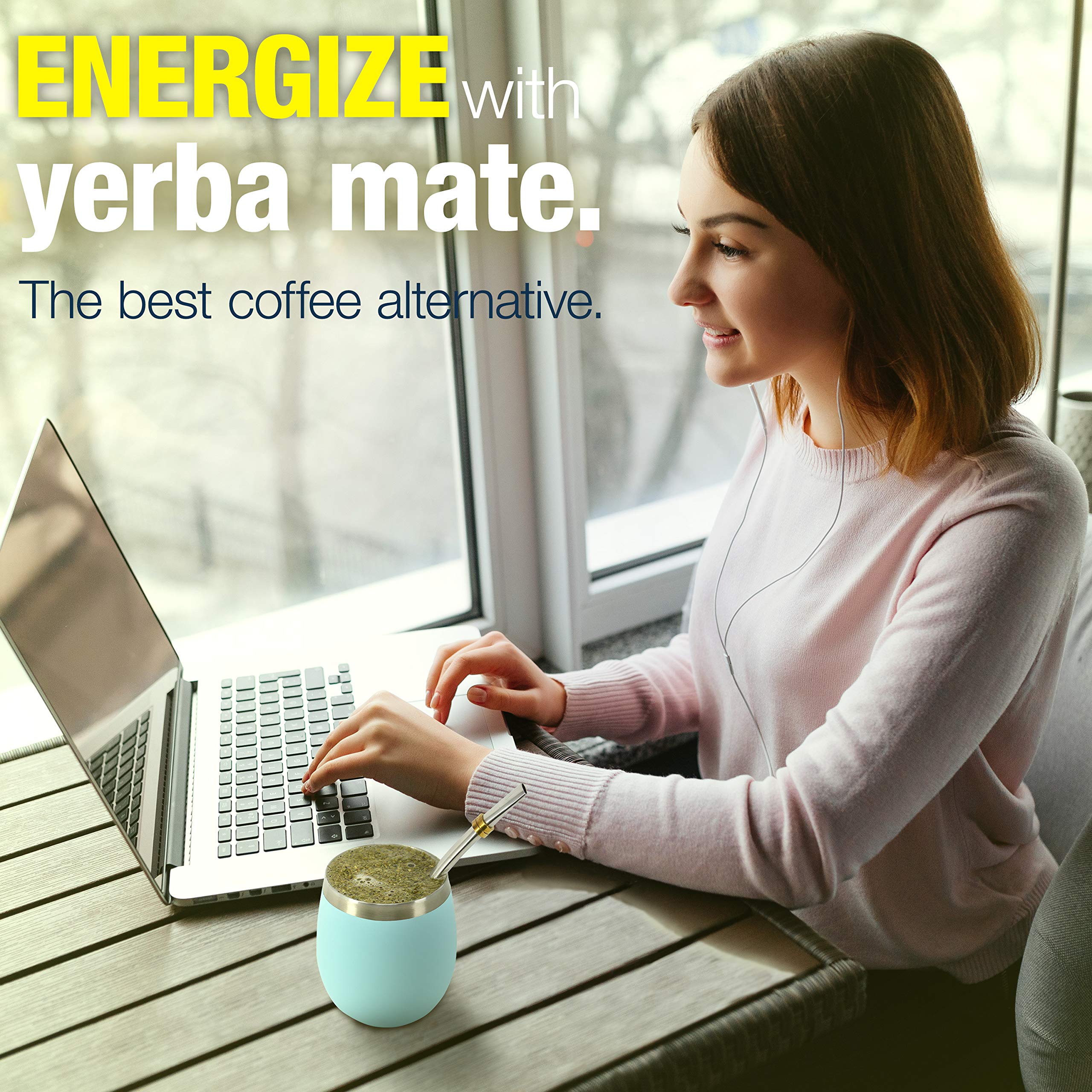 Novomates Yerba Mate Kit Including Double Wall Stainless Steel Mate Tea Cup and Mate Straw β Yerba Mate Cup and Bombilla Mate - Yerba Mate Gourd - Bombilla Mate and Mate Tea Cup 8oz (237ml) (Teal)