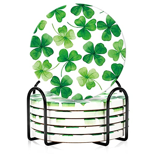 Whaline 6Pcs St. Patrick's Day Ceramic Coaster Set Watercolor Shamrock Drink Coasters with Coaster Holder Green Clover Absorbent Coasters for Table Protection Housewarming Gifts Home Decor