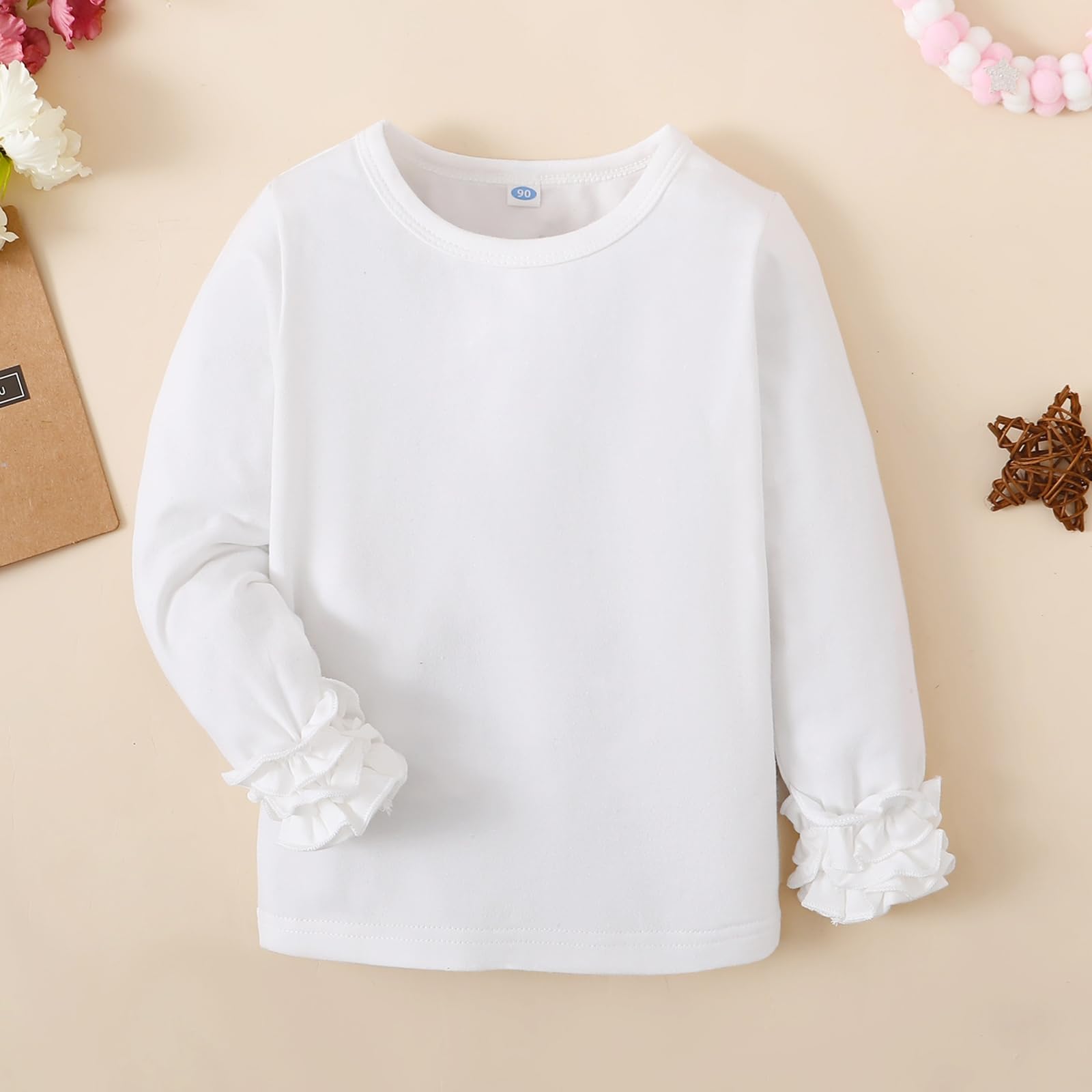 Toddler Baby Girls Ruffle Long Sleeve T-Shirts Kids Layering Tee Shirt Solid Color Basic Plain Tops (3-4 Years, WH68)