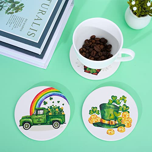 Whaline St. Patrick's Day Coaster 4Pcs Watercolor Irish Gnome Truck Rainbow Hat Leprechaun Leg Drink Coaster Irish Ceramic Coaster Cup Mat for Mugs Cups Home Kitchen Party Supplies