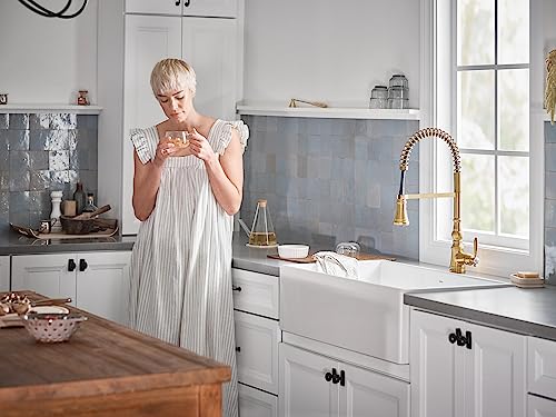 Moen WeymouthBrushed Gold One Handle Pre-Rinse Spring Farmhouse Pulldown Kitchen Faucet with Power Boost for a Faster Clean, S73104BG