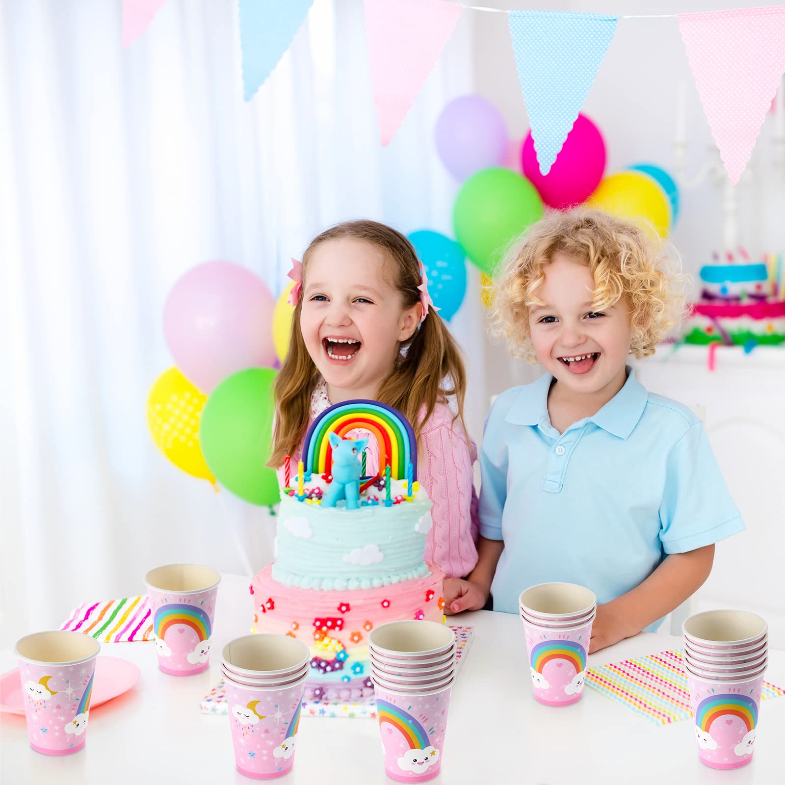 Junkin 60 Pcs 12 oz Rainbow Paper Cups Disposable Rainbow Cups Rainbow Party Decorations Birthday Theme Party Decor for Baby Shower Party Supplies Tableware