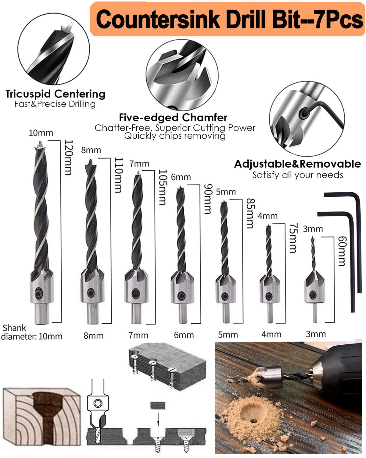 SHITIME 63 Pack Wood Working Chamfer Drilling Tools, 12 Countersink Drill Bit Set, 14 Counter Sinker Drill Bit Set, 16 Plug Cutters for Wood, 6 Step Drill Bits, 8 Drill Stop Bit Collar Set 3 Countersi