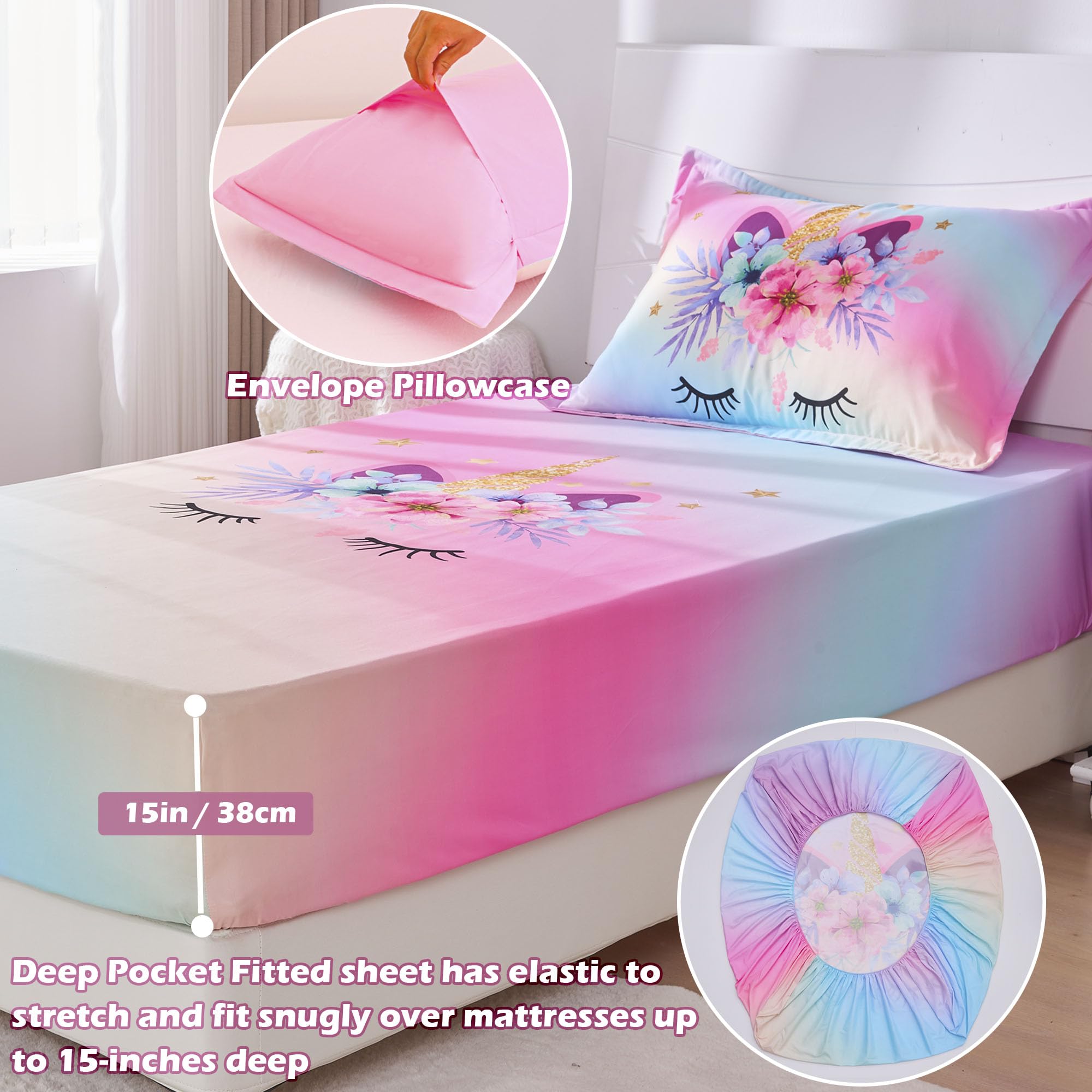 VIVILINEN Twin Size Sheet Set 3 Piece Rainbow Unicorn Kids Bed Sheets Set for Girls Kids Bedding Sheets Toddler Twin Bedding Set Include Flat Sheet, Deep Pocket Fitted Sheet and Pillowcase