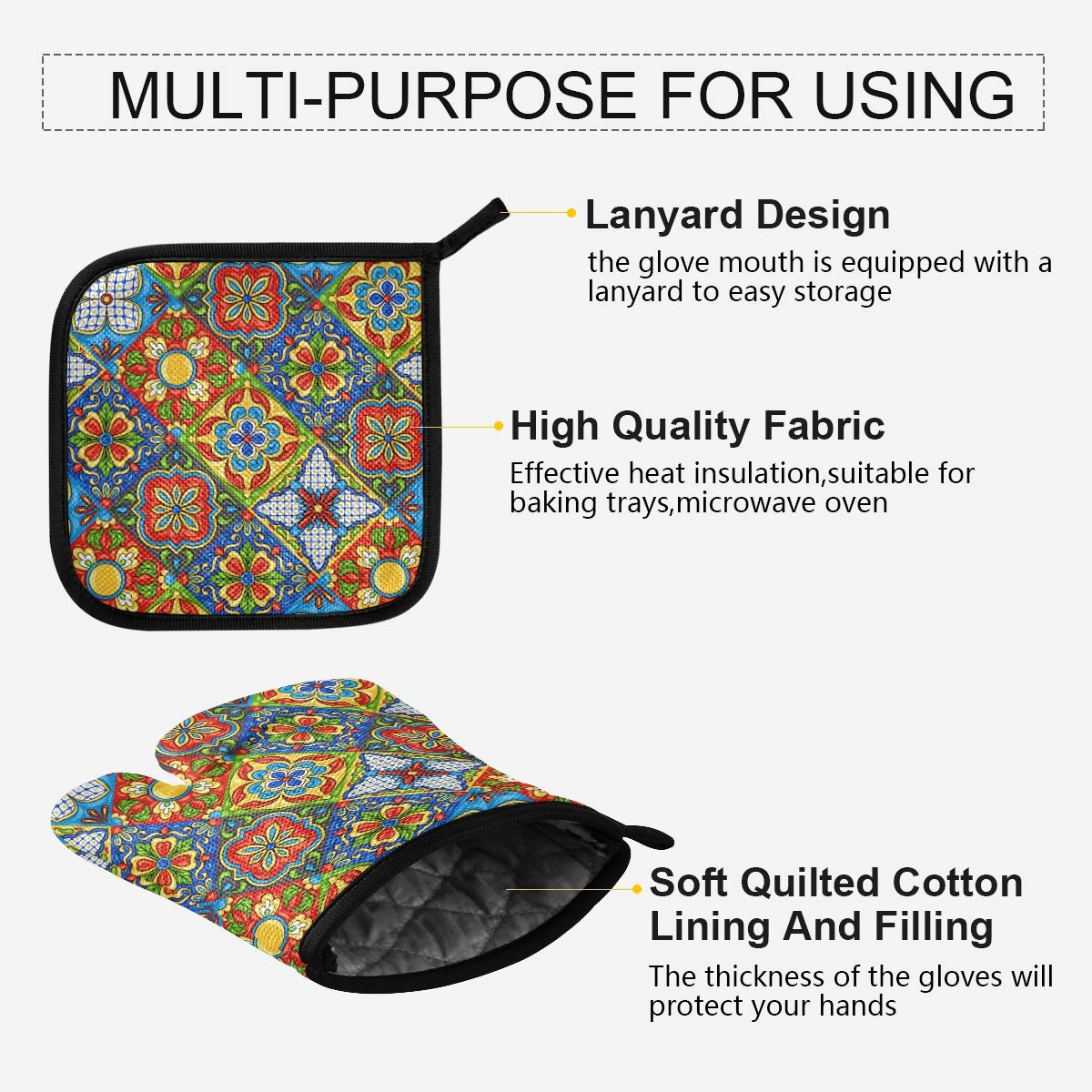 Oven Gloves Pot Holders Mexican Talavera Ceramic Tile Pattern Kitchen Soft Oven Insulation Mitts Heat Resistance Potholder Sets Safe Baking Cooking Microwave
