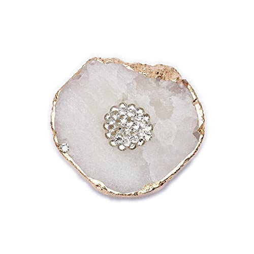 White Agate Stone Crystal Phone Grip Premium Phone Stand Druzy Quartz Healing Crystal Natural Gemstone with Gold Trim and Crystal Design Phone Grip Stand Mount Holder for Smart Phones and Tablet