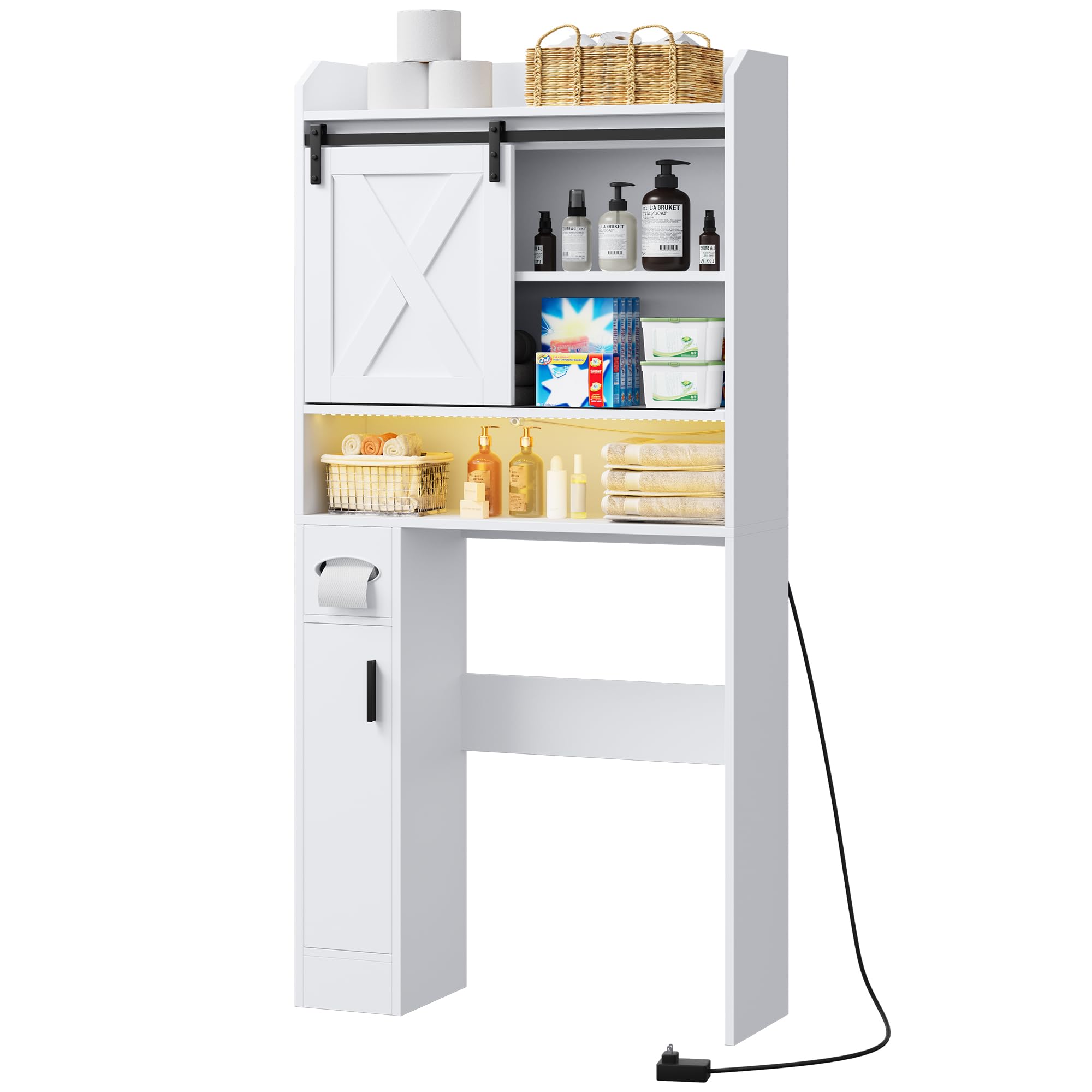 YITAHOME Over The Toilet Storage Cabinet, Farmhouse Storage Cabinet with Sliding Door, Infrared Sensor Light, Home Space-Saving Toilet Rack for Bathroom, Restroom, Laundry, White