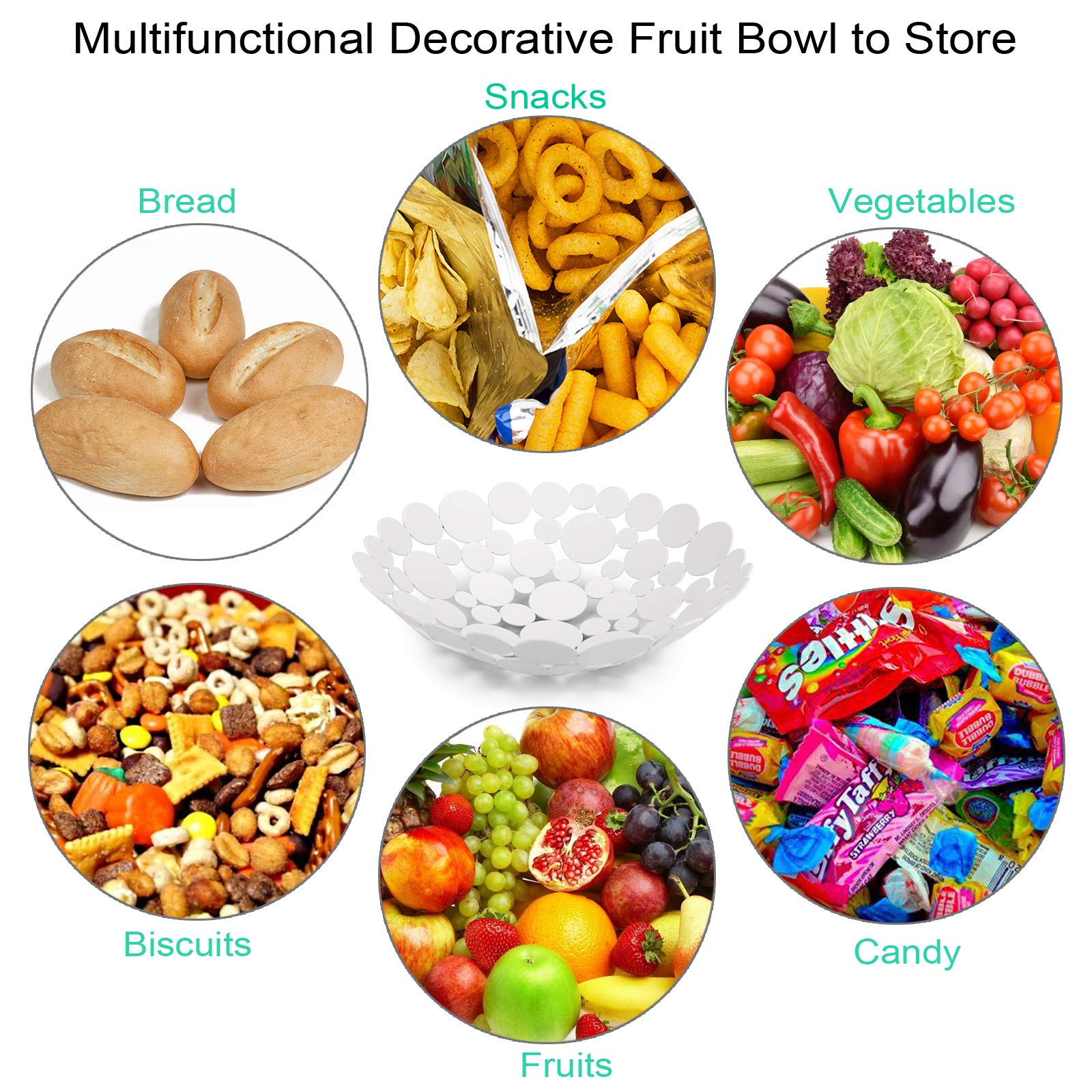OwnMy Metal Fruit Bowl Basket Creative Table Centerpiece Fruit Stand Decorative Countertop Fruit Holder for Kitchen Counter, Iron Large Fruit Plate Round Storage Tray for Bread Snacks Candy (White)