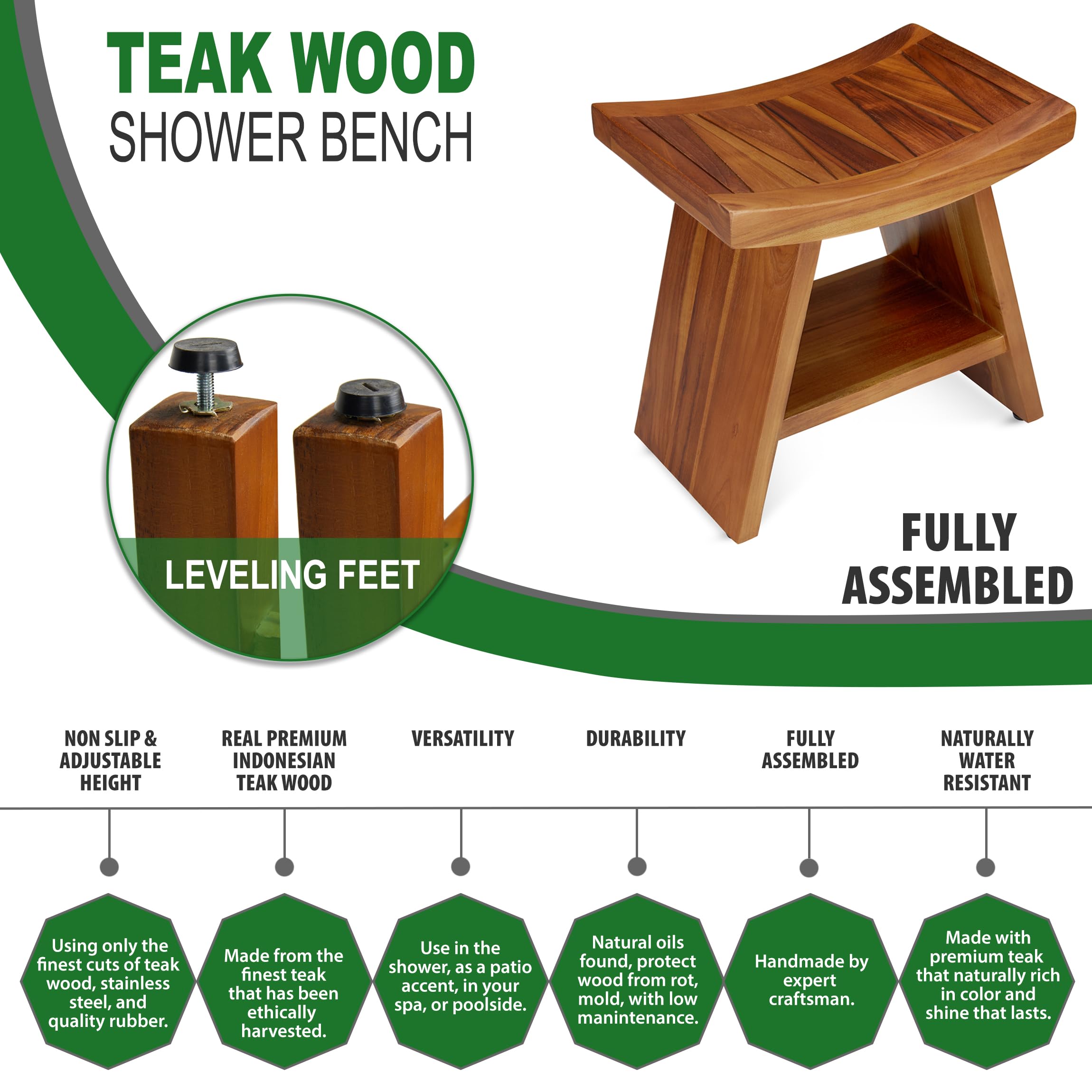 TeakCraft Teak Shower Stool with Shelf β Water Resistant, Non-Slip Premium Indonesian Teak Wood Bath Seat Bench for Shower β Fully Assembled Wood Spa Bath Organizer Seat with Leveling Feet, The Randi