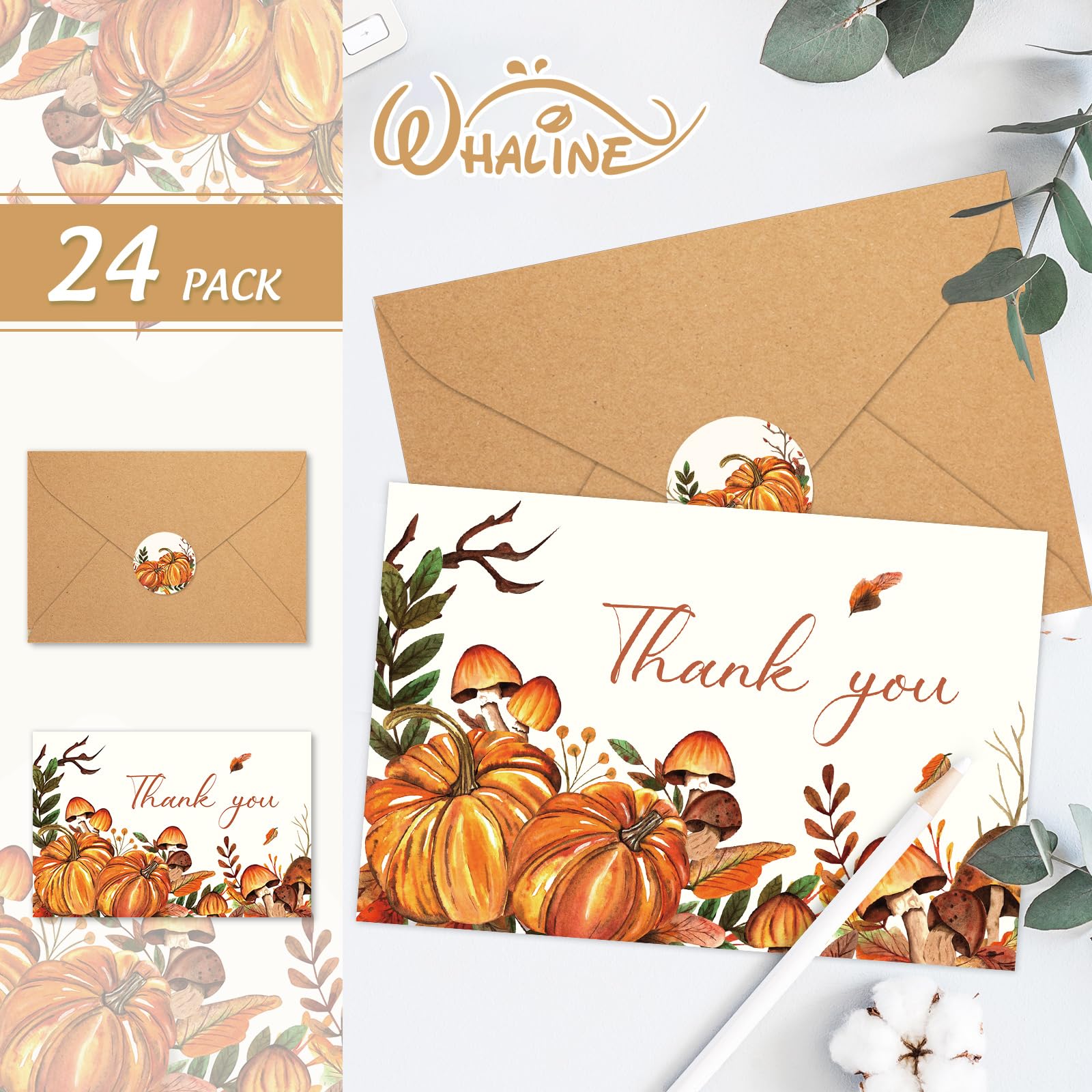 Whaline 24 Pack Fall Thank You Cards Autumn Mushroom Pumpkin Leaves Greeting Cards with Envelopes Stickers Vintage Blank Note Cards for Thanksgiving Harvest, 4 x 6 Inch