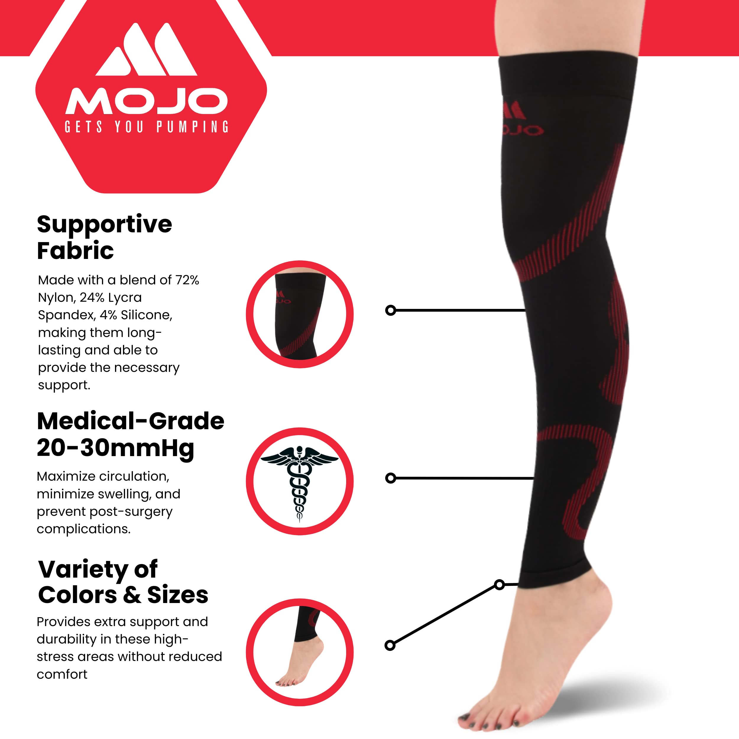 Mojo Compression Socks - Medical Thigh Leg Sleeve with Graduated Compression for Relief from Lymphedema, PTS, and CVI - 20-30mmhg, Medium - Black/Red - 1 Pair