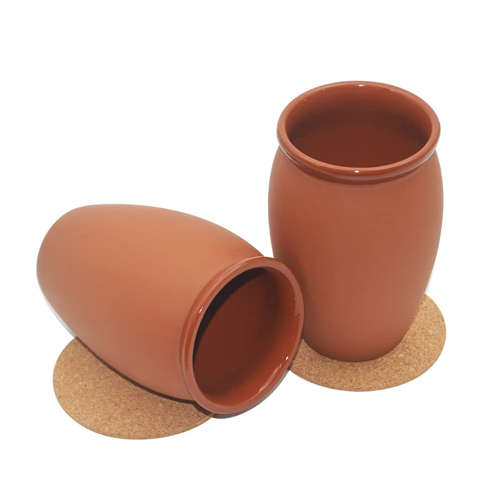 PHANSOGE Tradicional Terracotta Clay Cups Mexican, Cantaritos de Barro Mexicanos Mug, 2 pc Clay Mugs Tequila Gifts with Cork Coaster