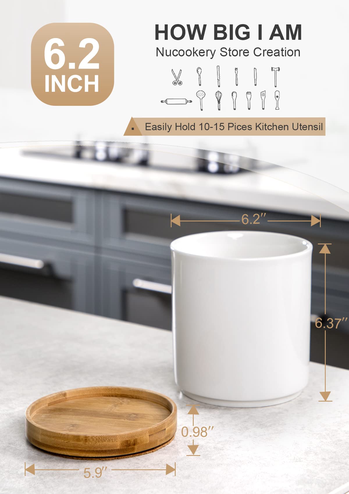 Nucookery 360° Rotating Utensil Holder, 7.2" Large Utensil Crock, White Ceramic Cooking Utensil Organizer with Countertop-Protection Cork Bottom for Farmhouse Kitchen Decor Gift (White)
