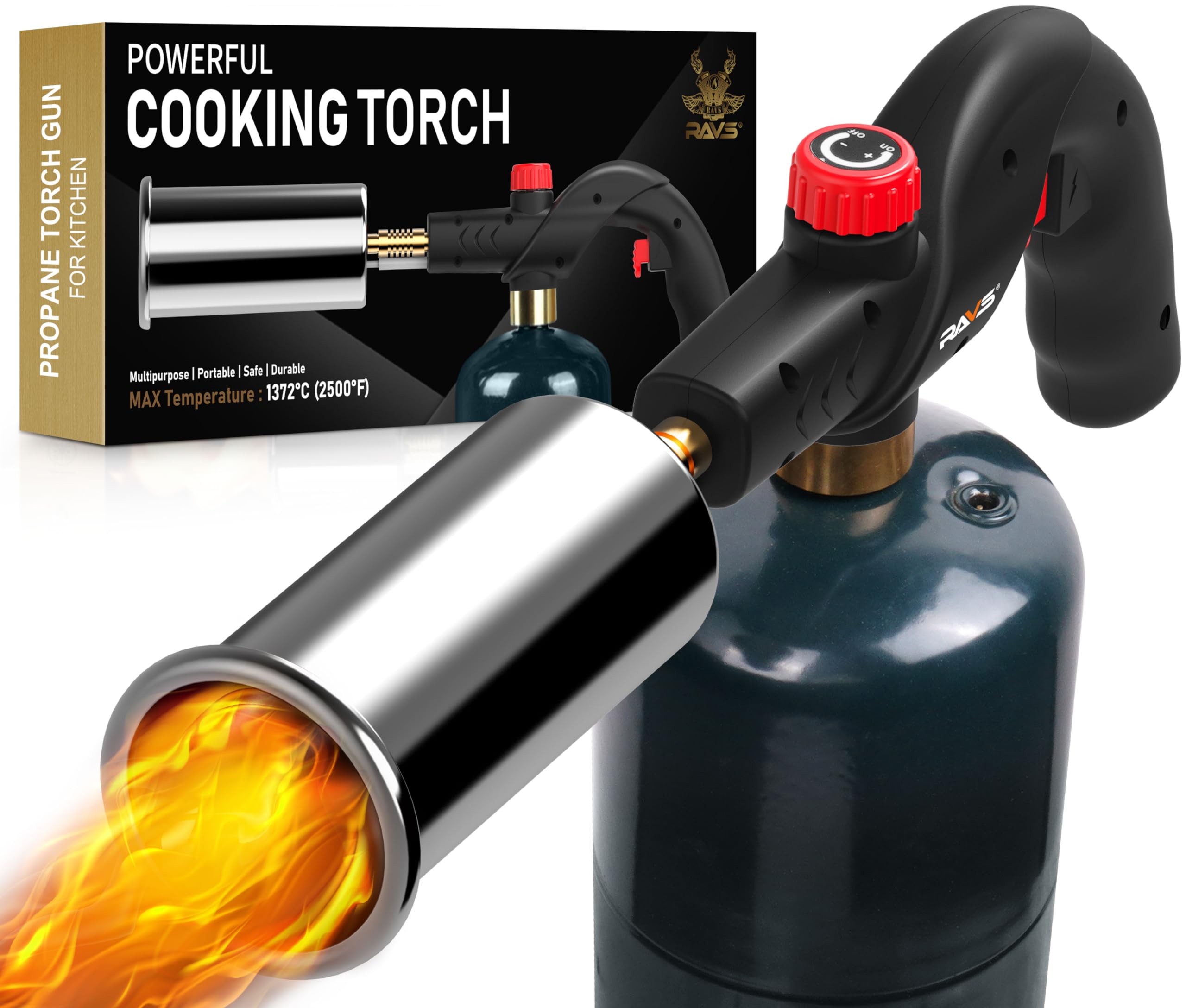 ravs POWERFUL Propane Cooking Torch, Searing Torch for Sous Vide, Steak, BBQ Grill Gun Kitchen Blow Torch, Handheld Culinary Torch for Creme Brulee, Campfire Charcoal Starter -Gas Tank Not Included