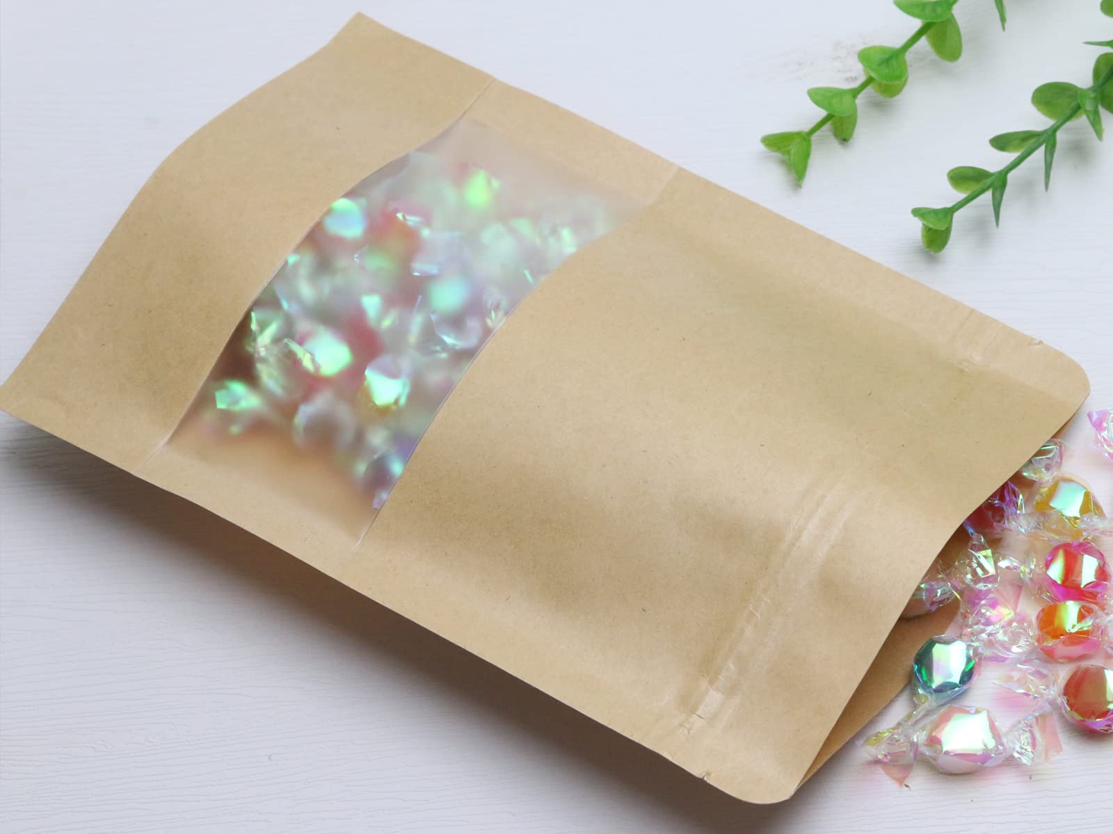 PQZKLDP 100pcs Assorted-Size Kraft Paper Bags with Matte Windows Reusable Smell Stand Up Pouches Bakery BagsFood Candy Coffee Tea Spice Sample Storage Sealable Bags for Small Business Packaging