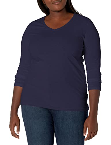 JUST MY SIZE womens Just My Size Women's Plus Size Vneck Long Sleeve Tee Shirt, Hanes Navy, 3X US