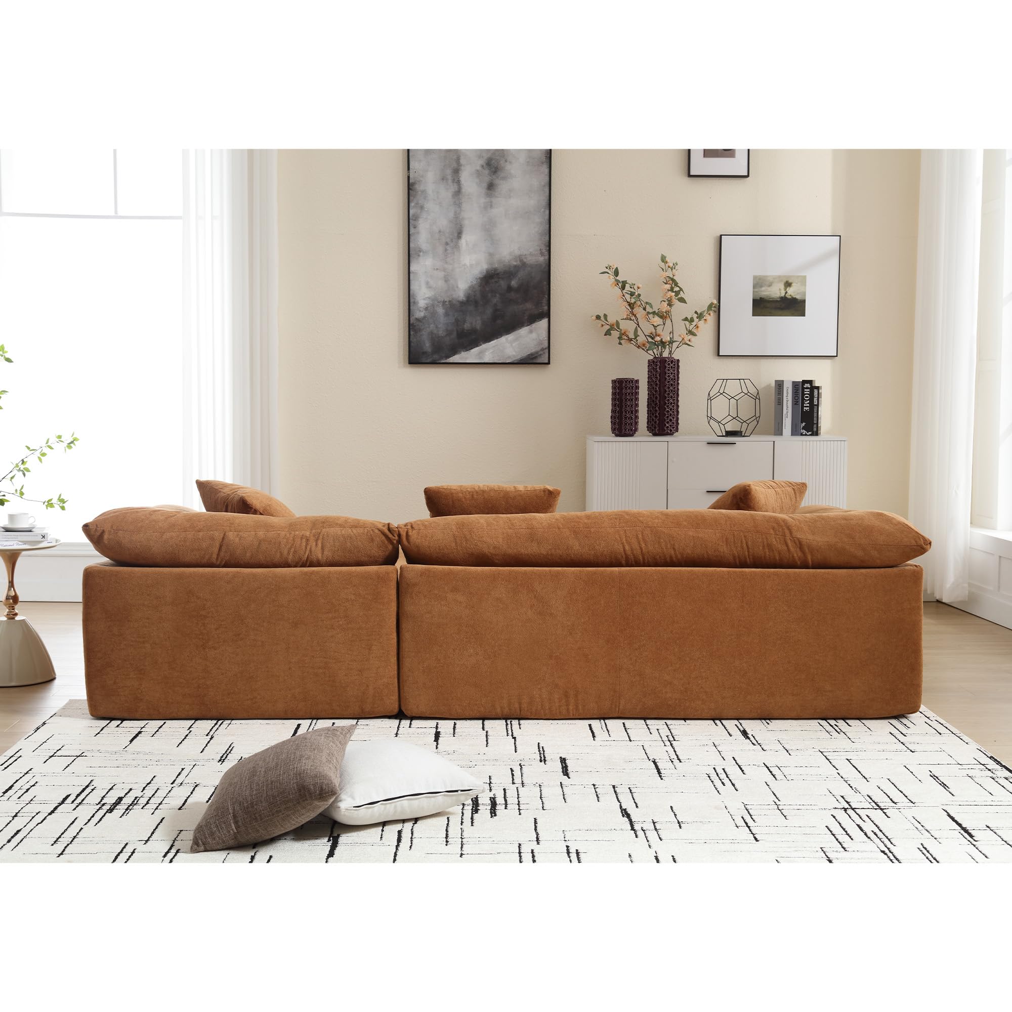 Tmsan Deep Seat L Shaped Sectional Sofa, 105.9" 2 Piece Modular Cloud Couch, Modern Comfy Floor Sofa with Left Chaise & 3 Pillows for Living Room Apartment Office, Terrycloth Fabric (Brown)