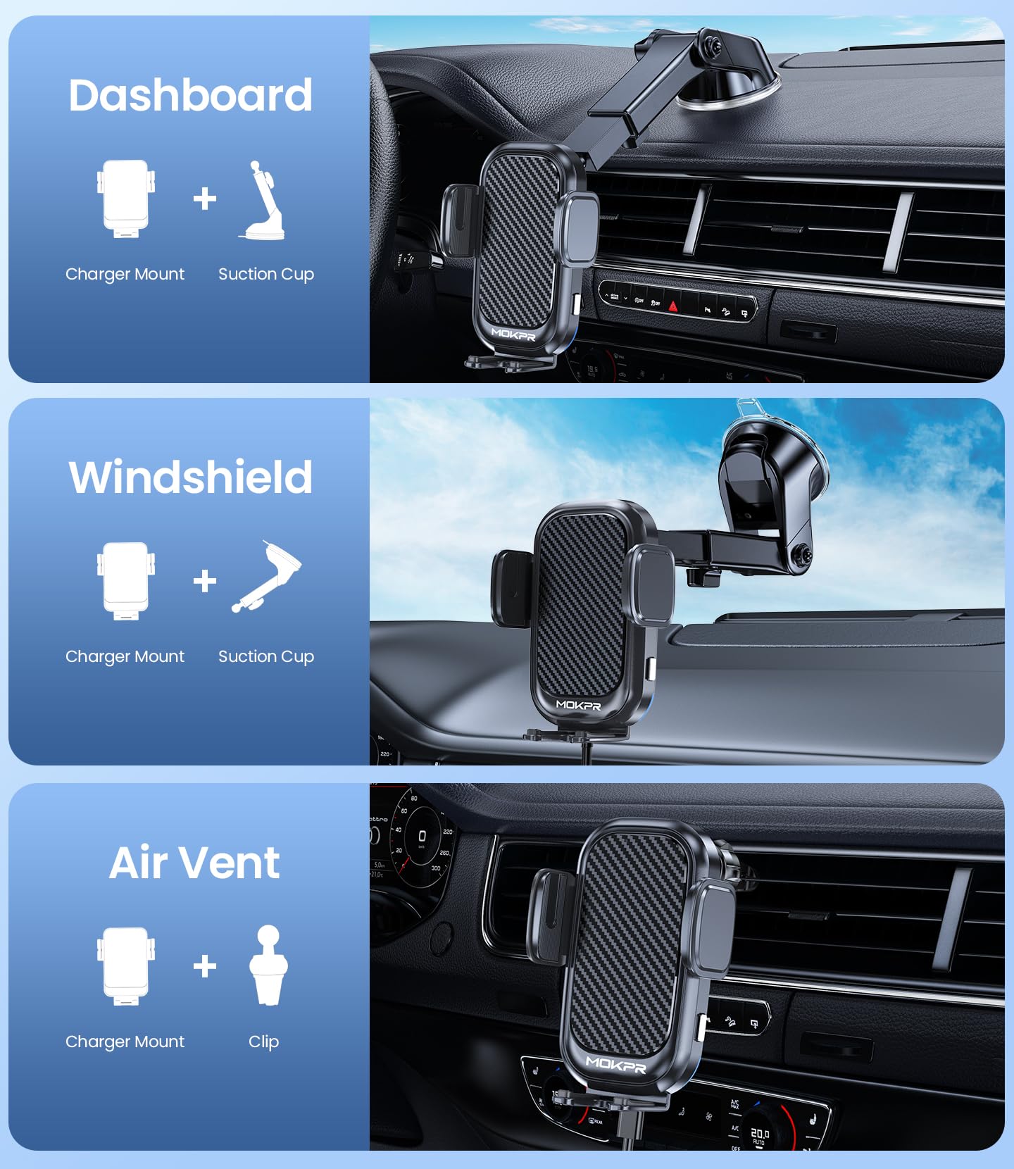 MOKPR Wireless Car Charger, ๐ฎ๐ฌ๐ฎ๐ฏ ๐ก๐ฒ๐ Dual Coils Phone Mount for Car Wireless Charger, Dash Windshield Air Vent Automatic Phone Holder Fast Charging for Samsung Z Flip 5/4/3 Galaxy S23 iPhone 15