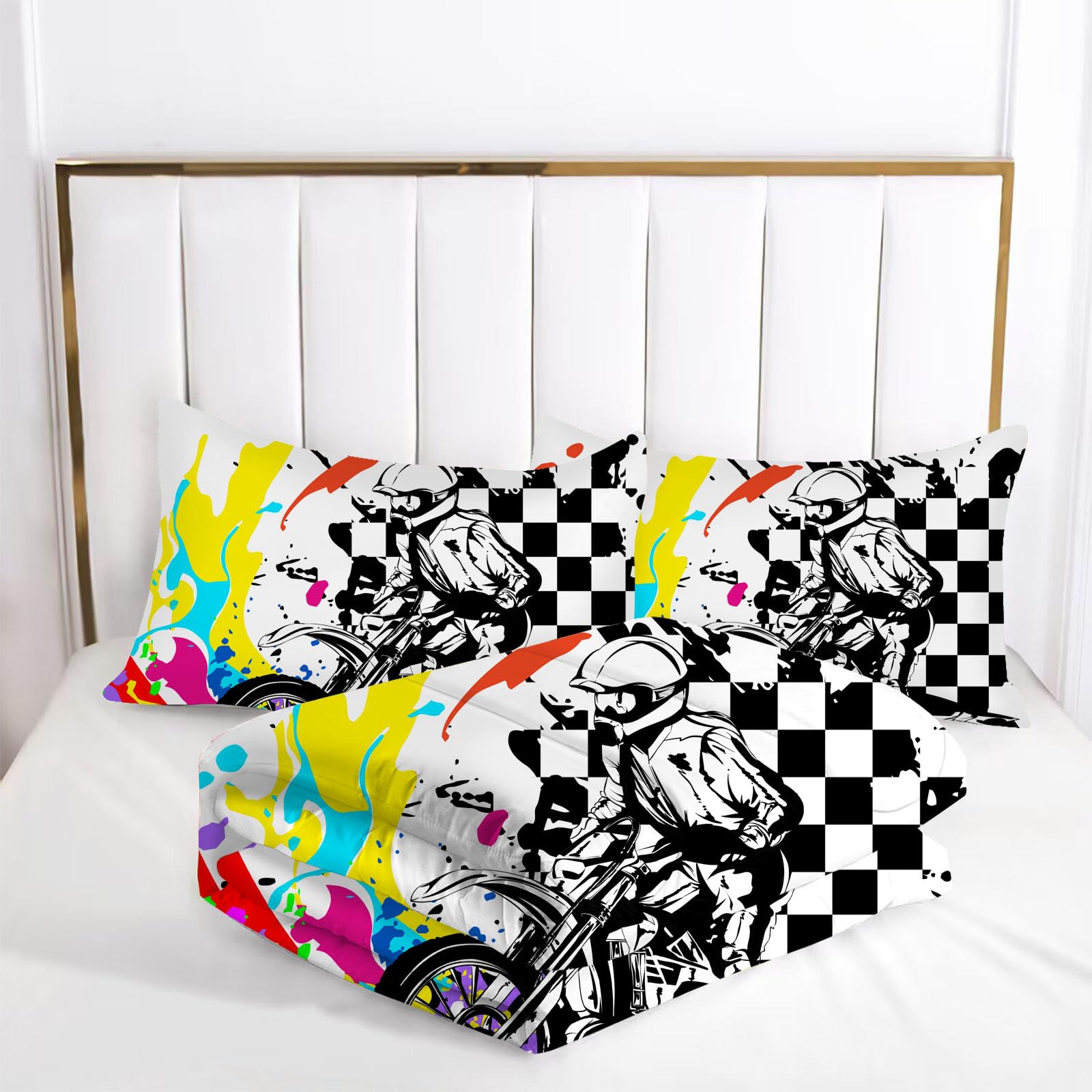 VTKON Motorcycle Comforter Set Full Extreme Sports Bedding Set for Boys Girls Dirt Bike Bedding Set Motocross Bedding Sets Boys Tie Dye Comforter Set Includes 1 Comforter + 2 Pillowcases