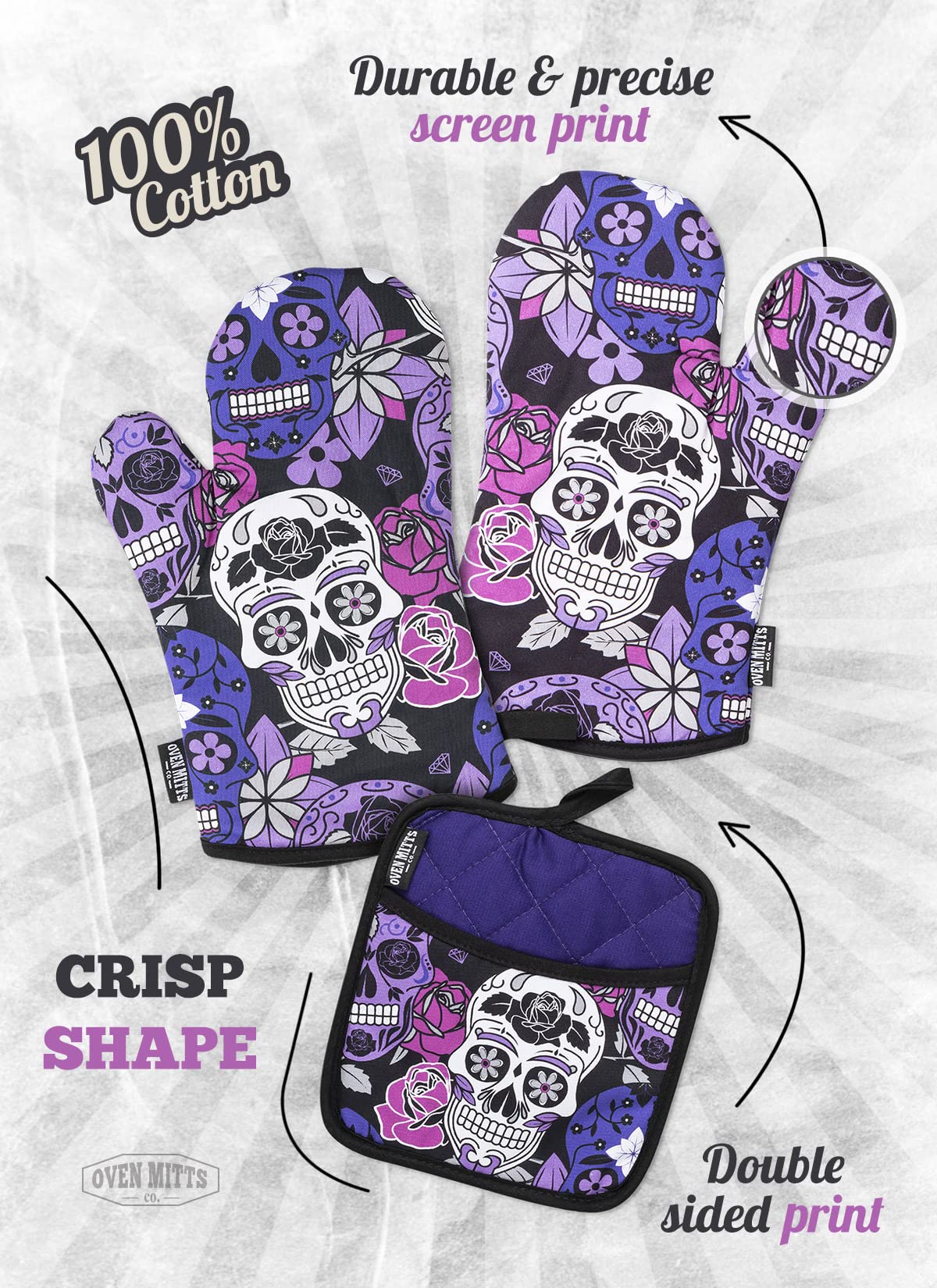 Oven Mitts Co. Sugar Skull Purple, Oven Mitts and Pot Holder 3pcs Set, Insulated, 100% Cotton