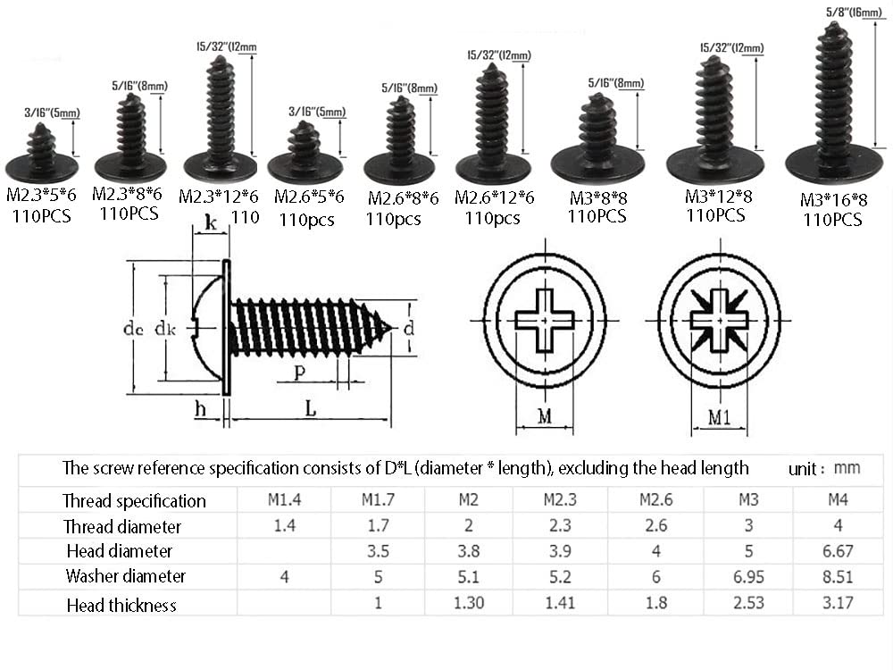 Smartsails M2.3 M2.6 M3 Phillips Round Head Carbon Steel Black Self Tapping Screws, Round Head Screws, Pan Head Screws with Washers 9 Sizes Self Tapping Screw Combo Kit,(990PCS)
