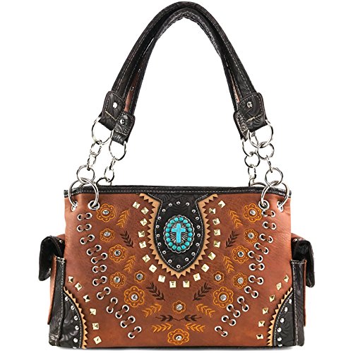 Justin West Floral Tooled Embroidered Western Turquoise Stone Cross Conceal Carry Handbag Purse (Brown Handbag Wallet Set)