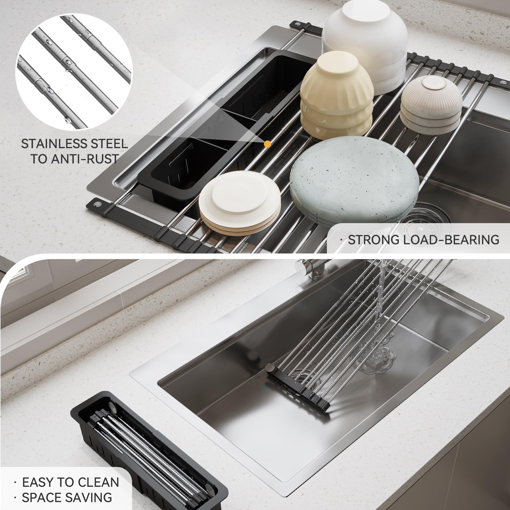 Yofidra Expandable Roll-Up Dish Drying Rack (Up to 19.6") with Expandable Storage Basket, Over-The-Sink Dish Drainer Drying Rack, Foldable Stainless Steel Kitchen Drainer - Black