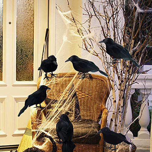 Realistic Crow, 6 PCS Halloween Black Feathered Crow Decoys Ravens Outdoor Halloween Decorations Props Décor, Standing Flying Birds for Tree Haunted House Graveyard Tombstone Display