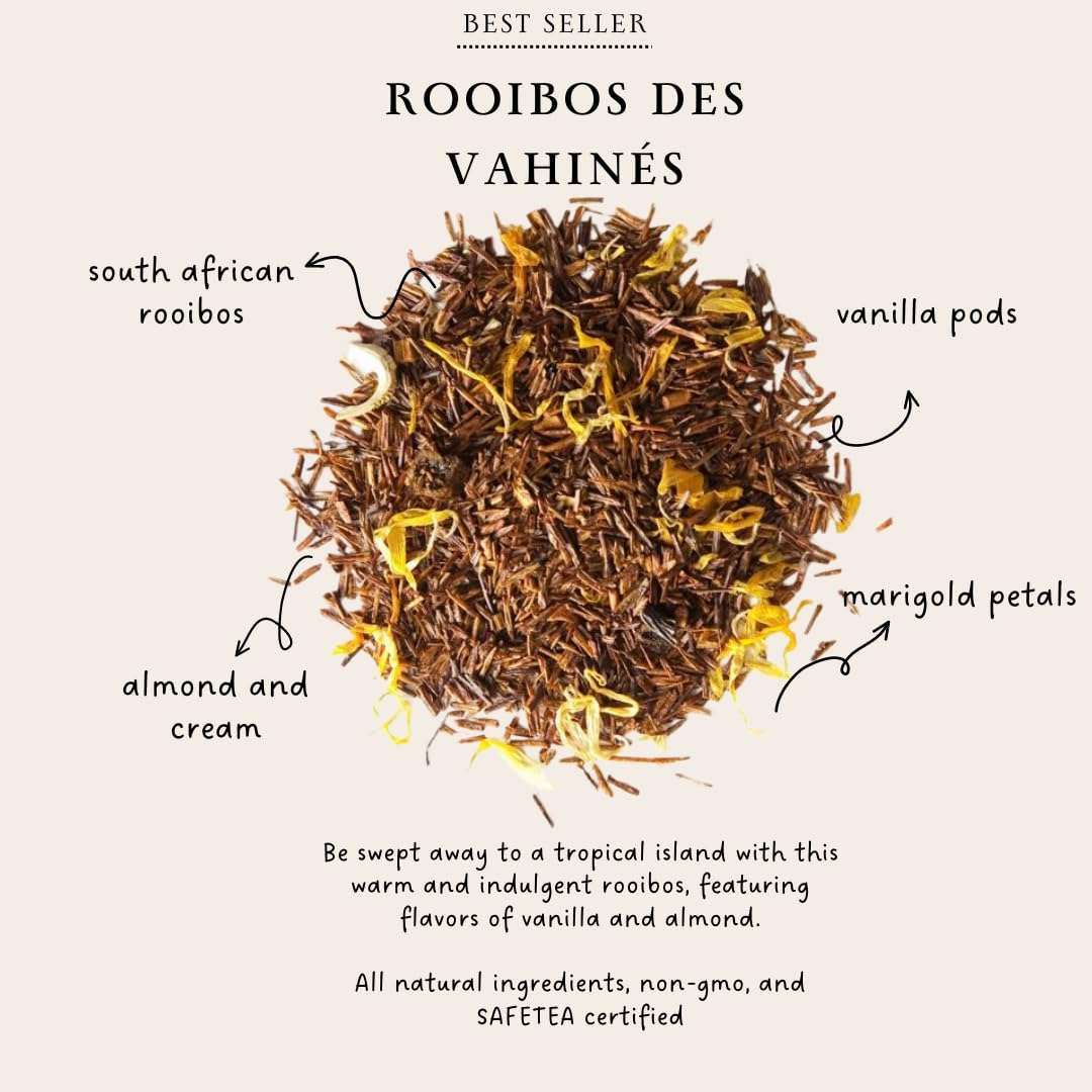 Palais des Thés - Rooibos des Vahinés - Premium Gourmet Vanilla and Almond Flavored Caffeine-Free Rooibos Tea - 20 Count Biodegradable Tea Bags Box