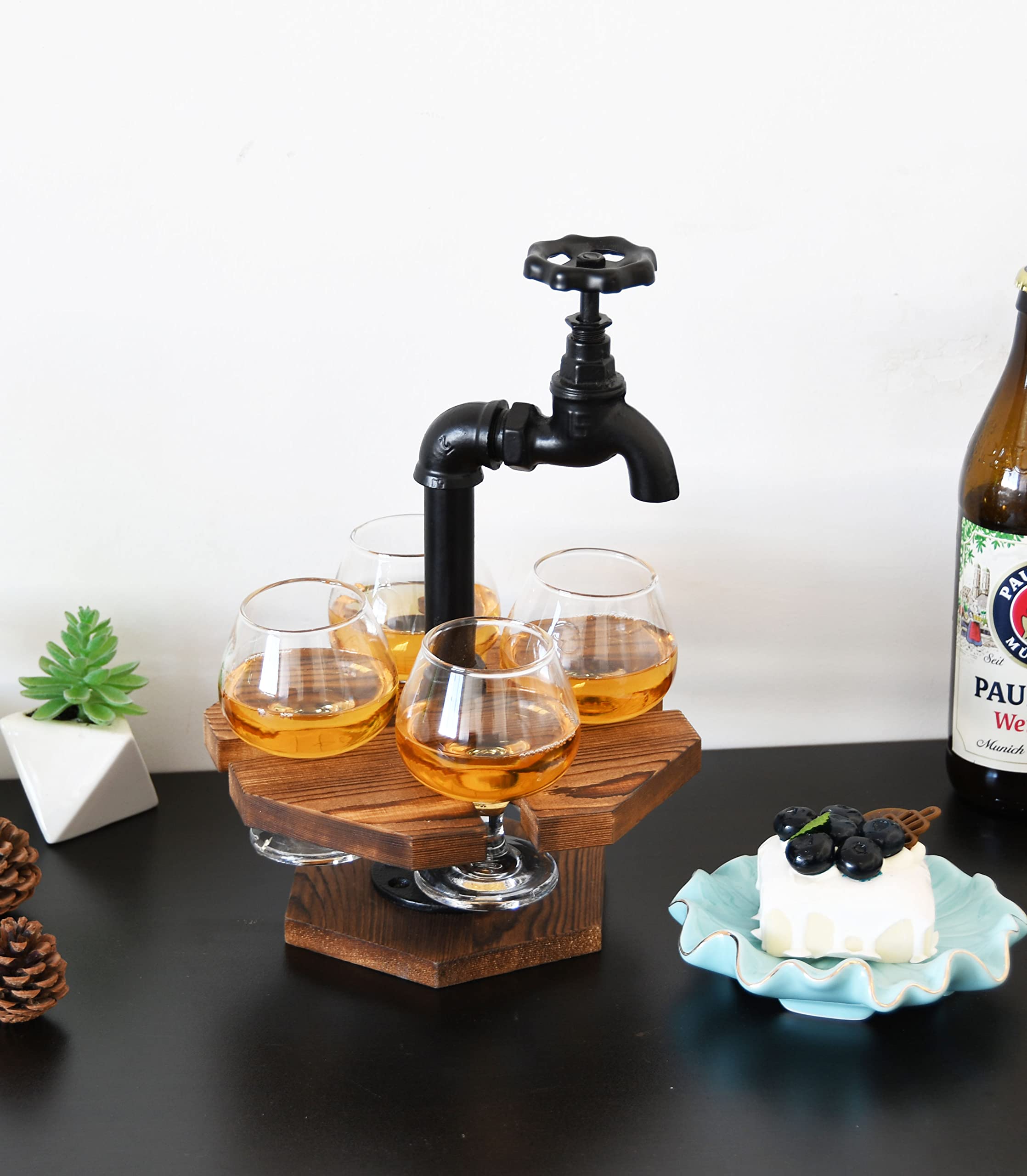 Owlgift Industrial Pipe & Burnt Wood Beer/Whiskey Flight Set with 4 Glasses, Cast Iron Faucet Spigot Design
