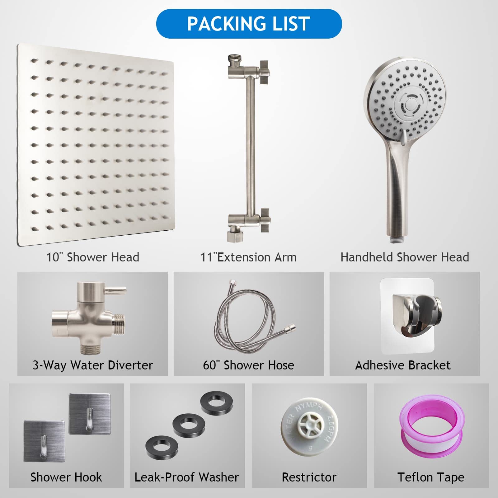 Shower Head Combo(Brushed Nickel),10'' High Pressure Rain Shower Head with 11'' Adjustable Extension Arm and 5 Settings Handheld,Powerful Shower Spray Against Low Pressure Water
